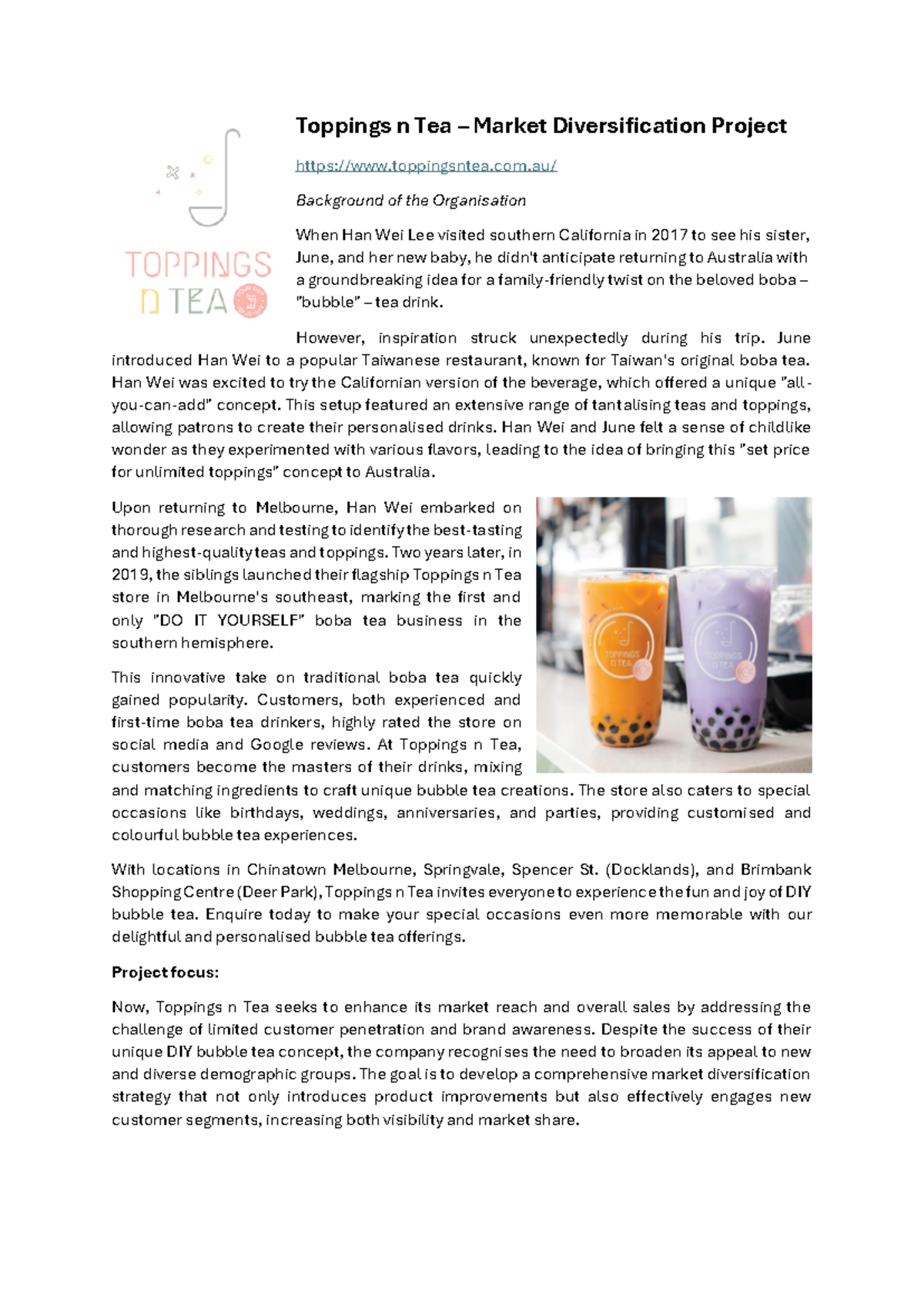 Toppings n Tea Project Brief - Toppings n Tea – Market Diversification ...