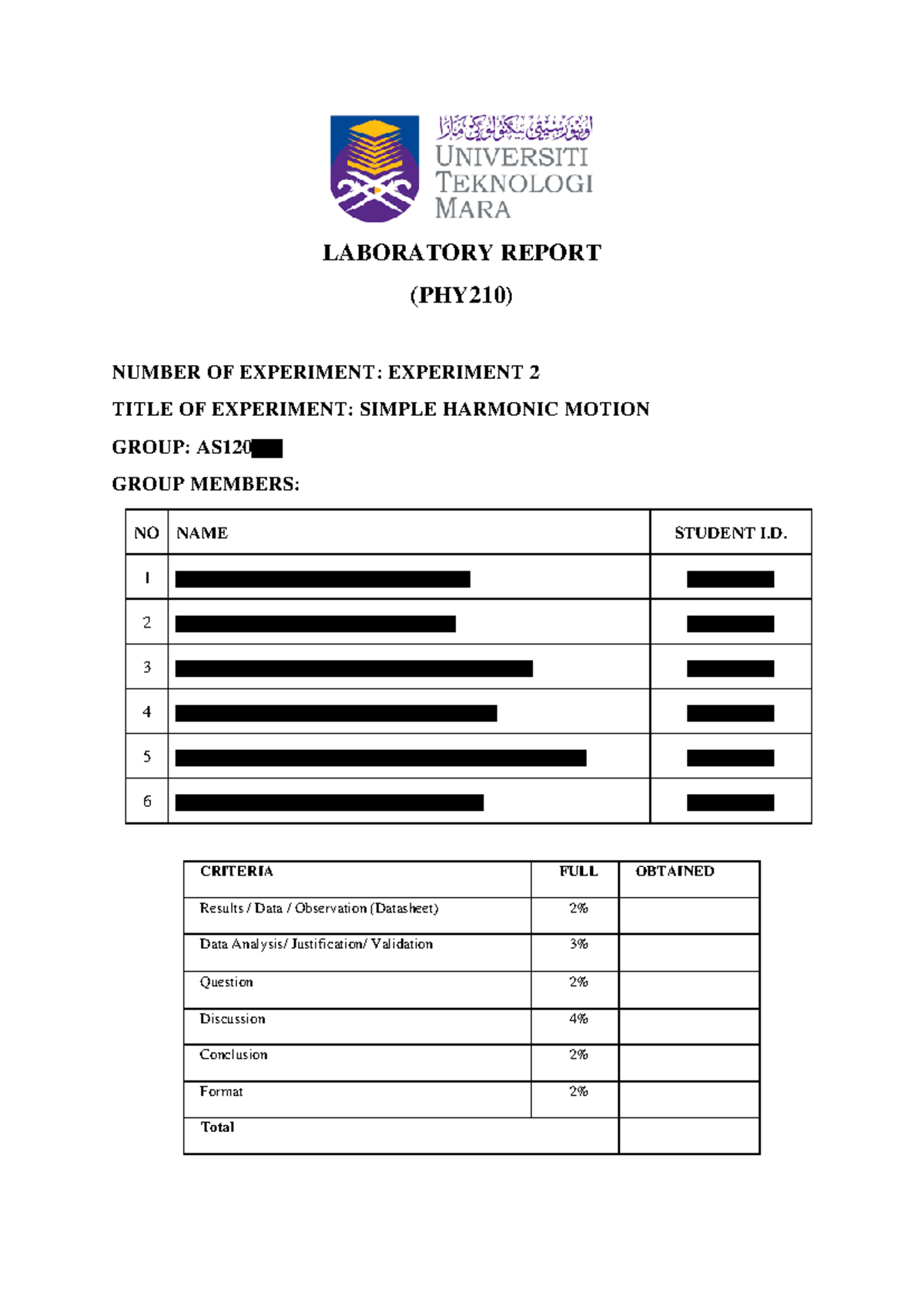 Phy210 lab report experiment 2 redacted - LABORATORY REPORT (PHY21 0 ...