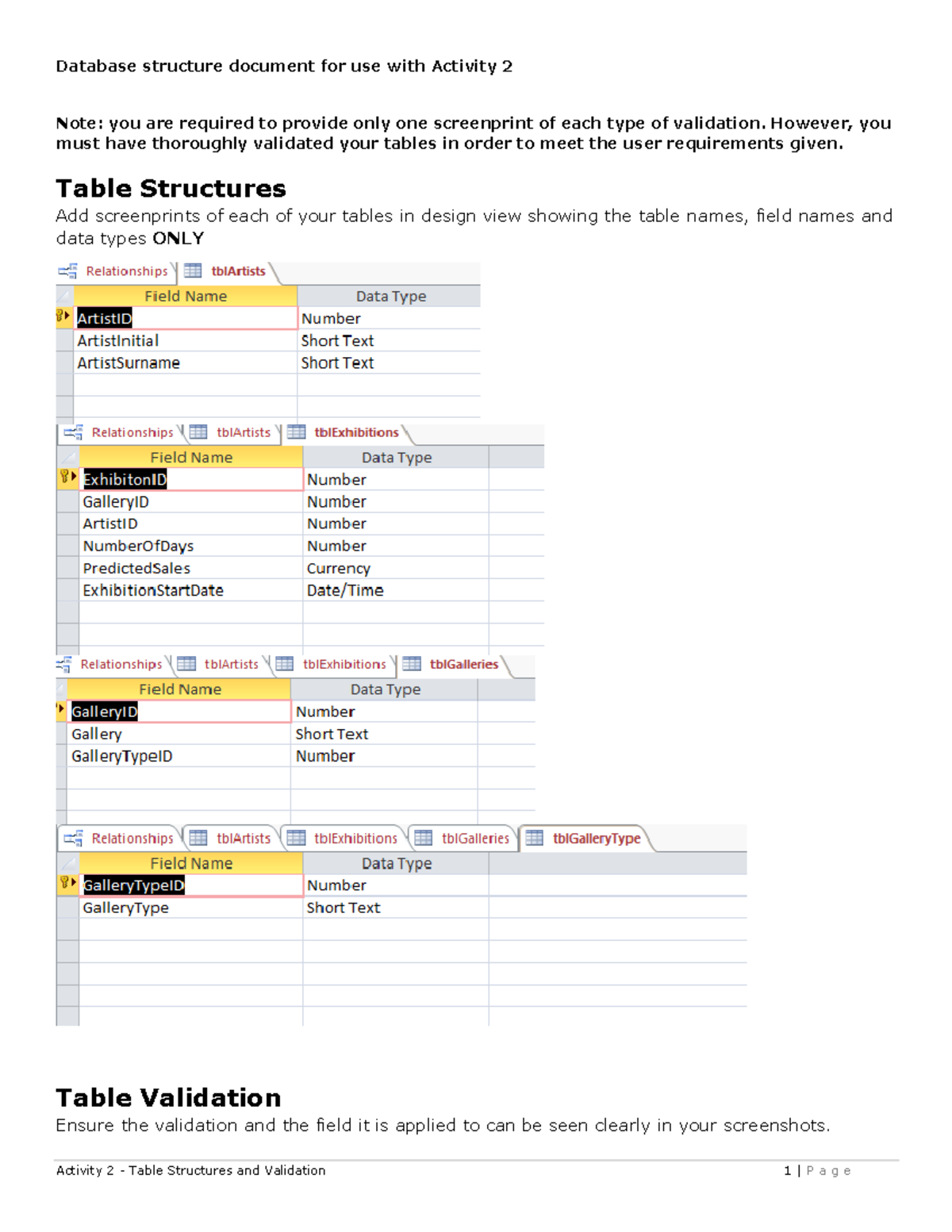 Smart Art - Activity 2 PDF - Database structure document for use with ...