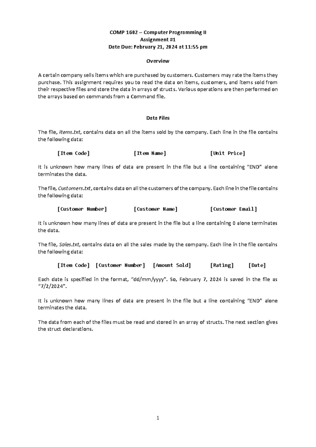 Assignment 1 - COMP 1602 – Computer Programming II Assignment # 1 Date Due: February 21, 202 4 ...