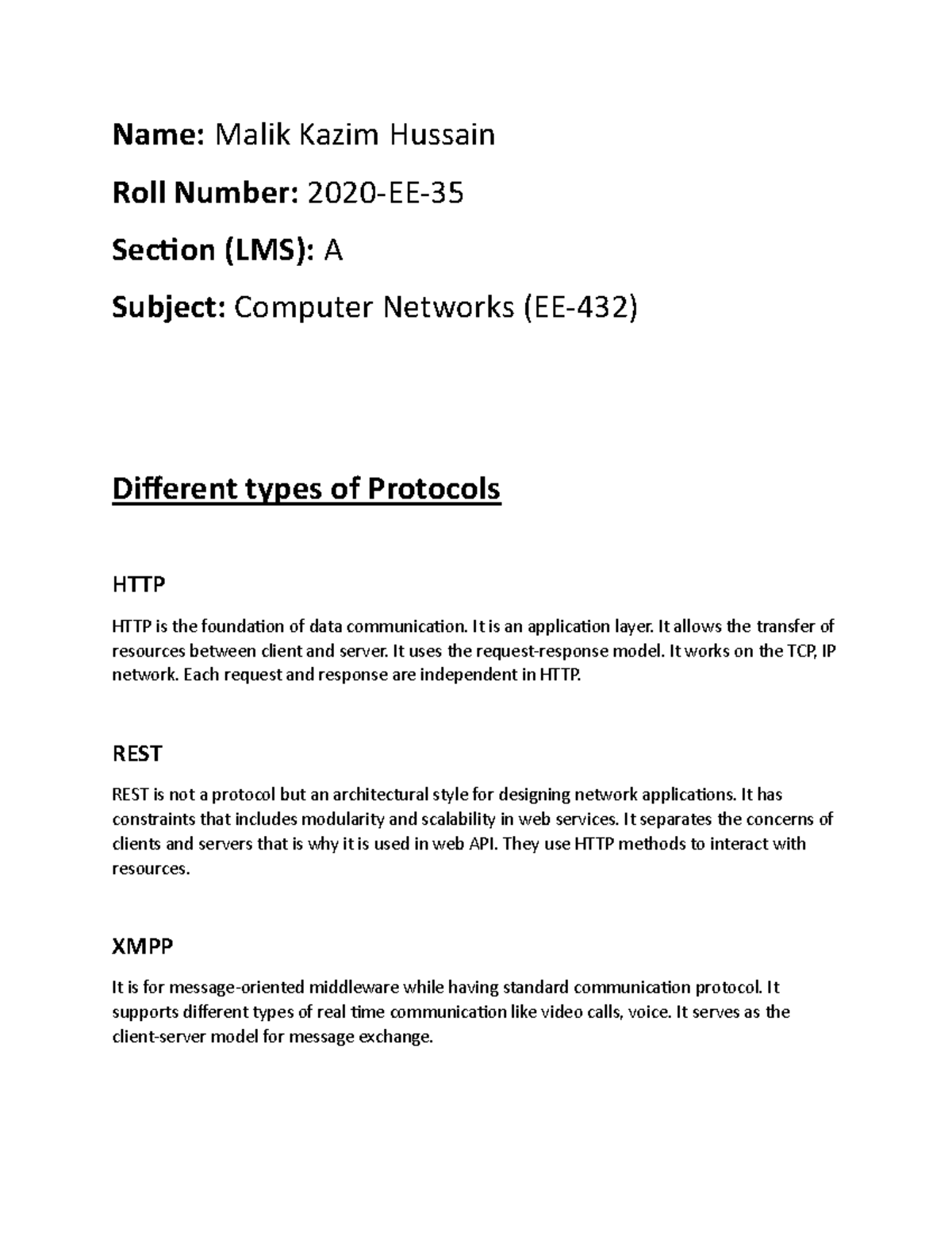 computer networks assignment - Name: Malik Kazim Hussain Roll Number ...