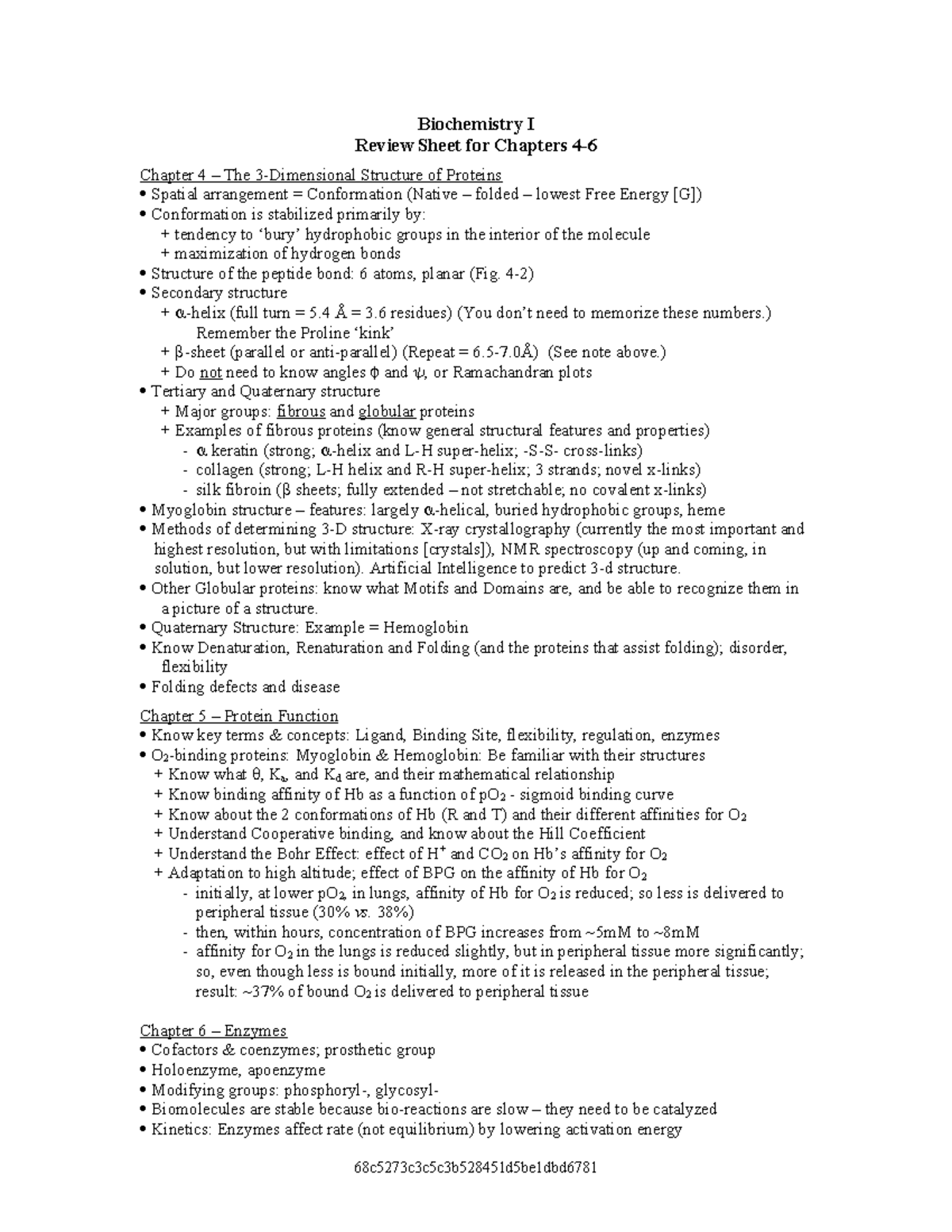 Biochem I Exam 2 Review Sheet Ch 4-6 - Biochemistry I Review Sheet for ...