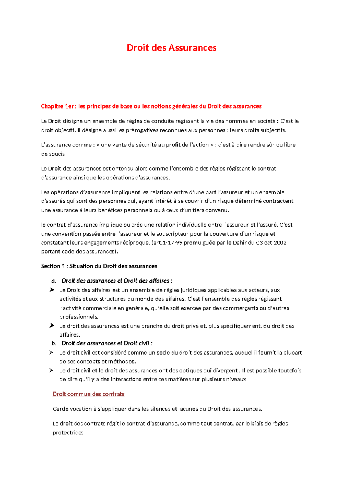 Assurance - Tres utile - Droit des Assurances Chapitre 1er : les ...