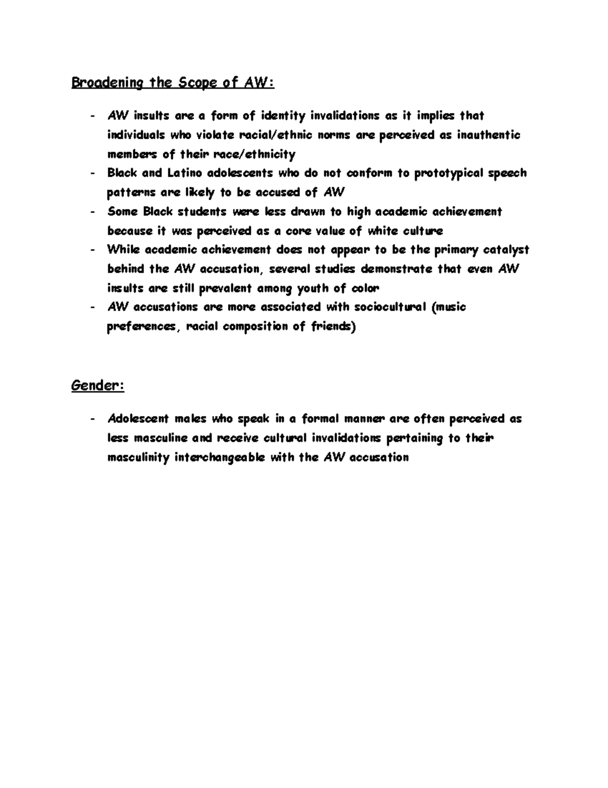 AW (cont'ed) - Acting white accusations - Broadening the Scope of AW ...