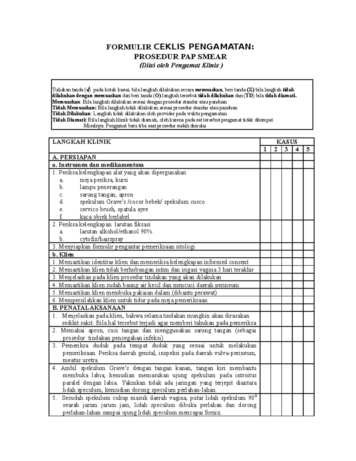 Checklist Pap Smear - FORMULIR CEKLIS PENGAMATAN: PROSEDUR PAP SMEAR ...