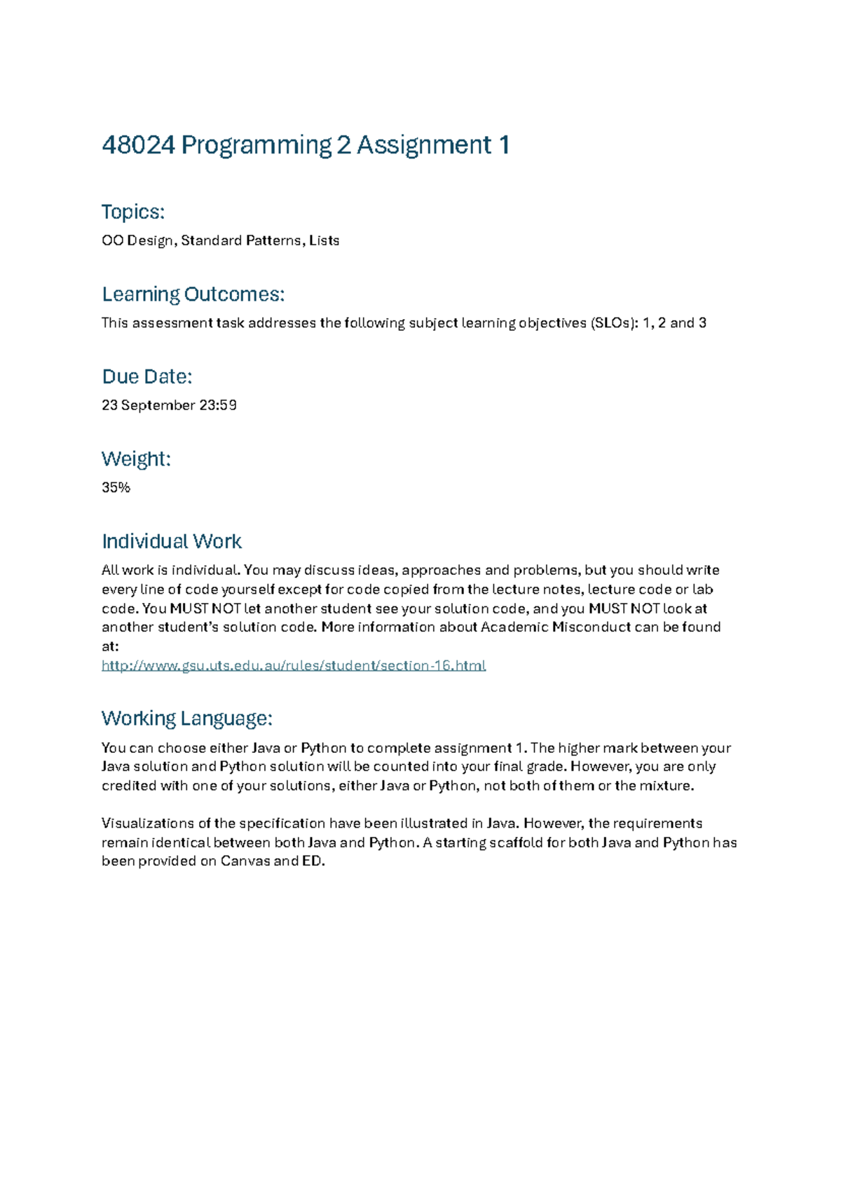 Ass1Specification Final 7 - 48024 Programming 2 Assignment 1 Topics: OO Design, Standard ...