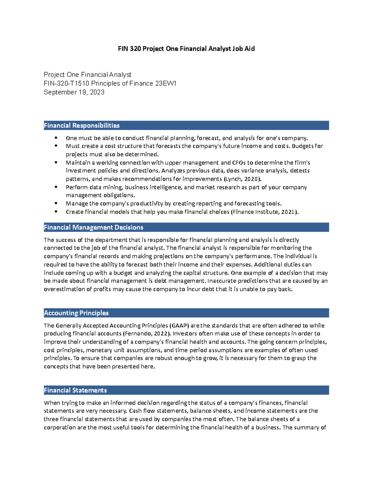 Project One Financial Analyst FIN - Must create a cost structure that ...
