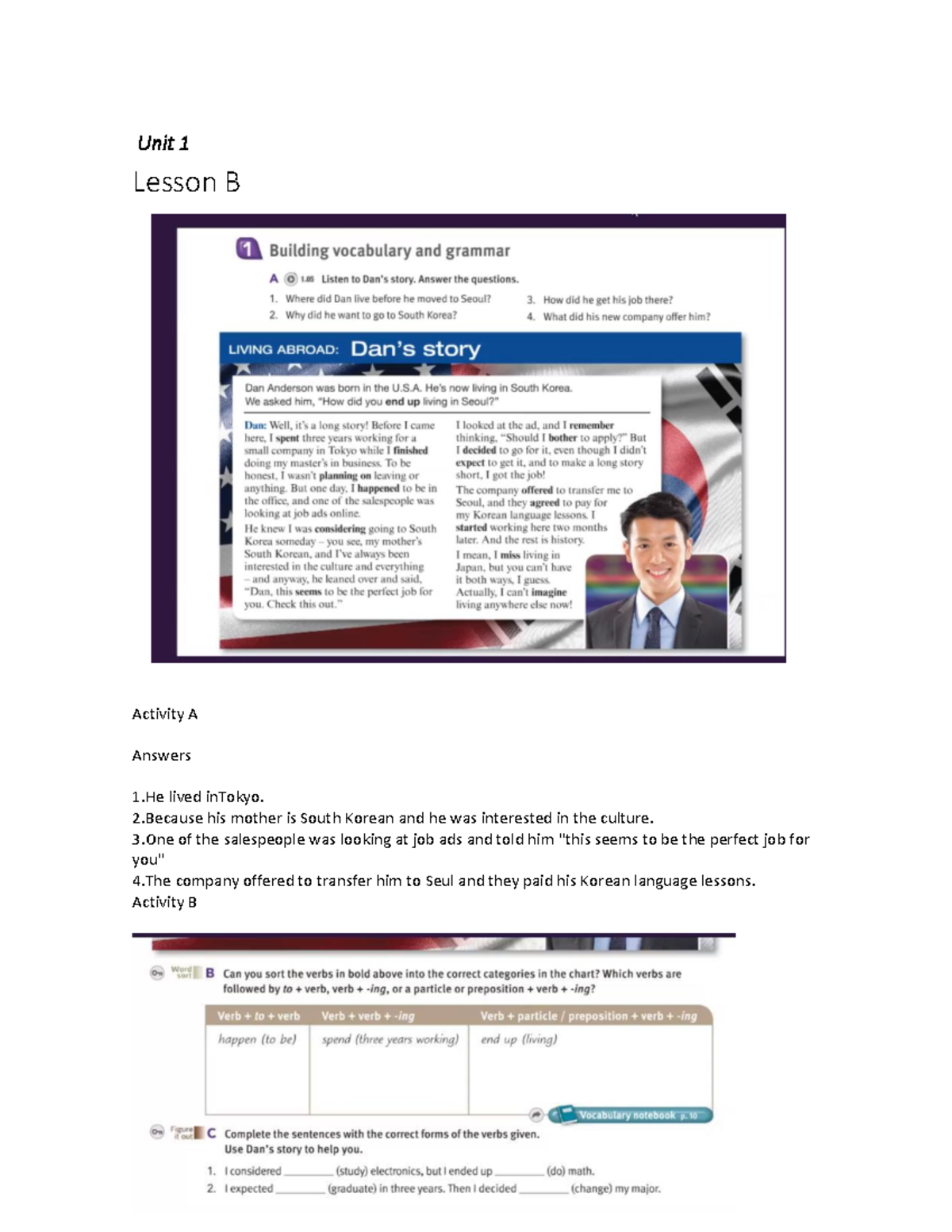 Units 1, 2 and 3 classwork and HWs - Unit 1 Lesson B Activity A Answers ...