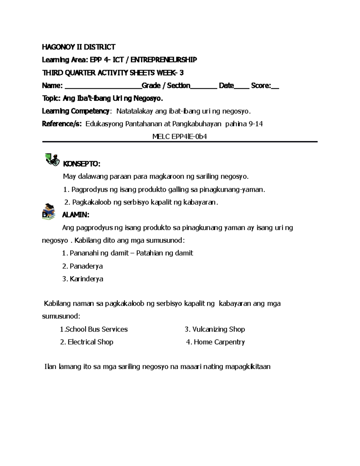 ICT4 ACTIVITY SHEET W3 - HAGONOY II DISTRICT Learning Area: EPP 4 - ICT ...