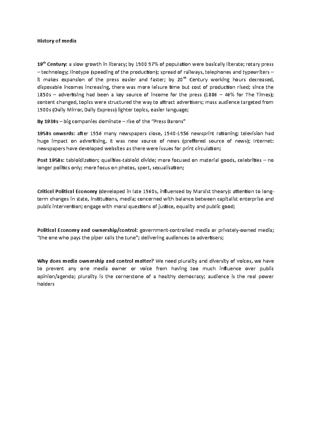 History of media - Lecture notes 1 - History of media 19 th Century: a ...