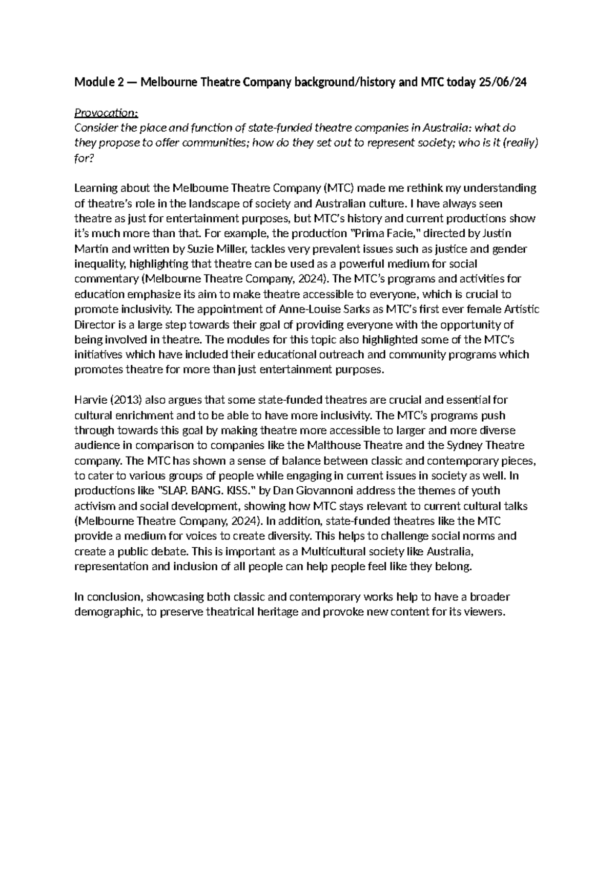 MTC reflective journal - Module 2 — Melbourne Theatre Company ...