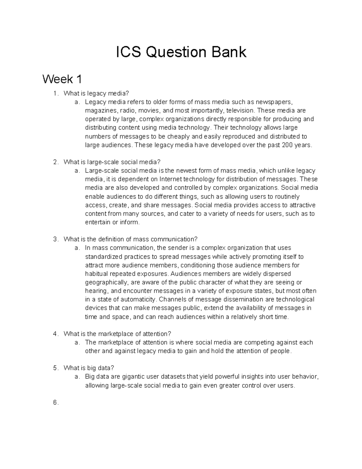 ICS Question Bank - ICS Question Bank Week 1 1. What is legacy media? a ...
