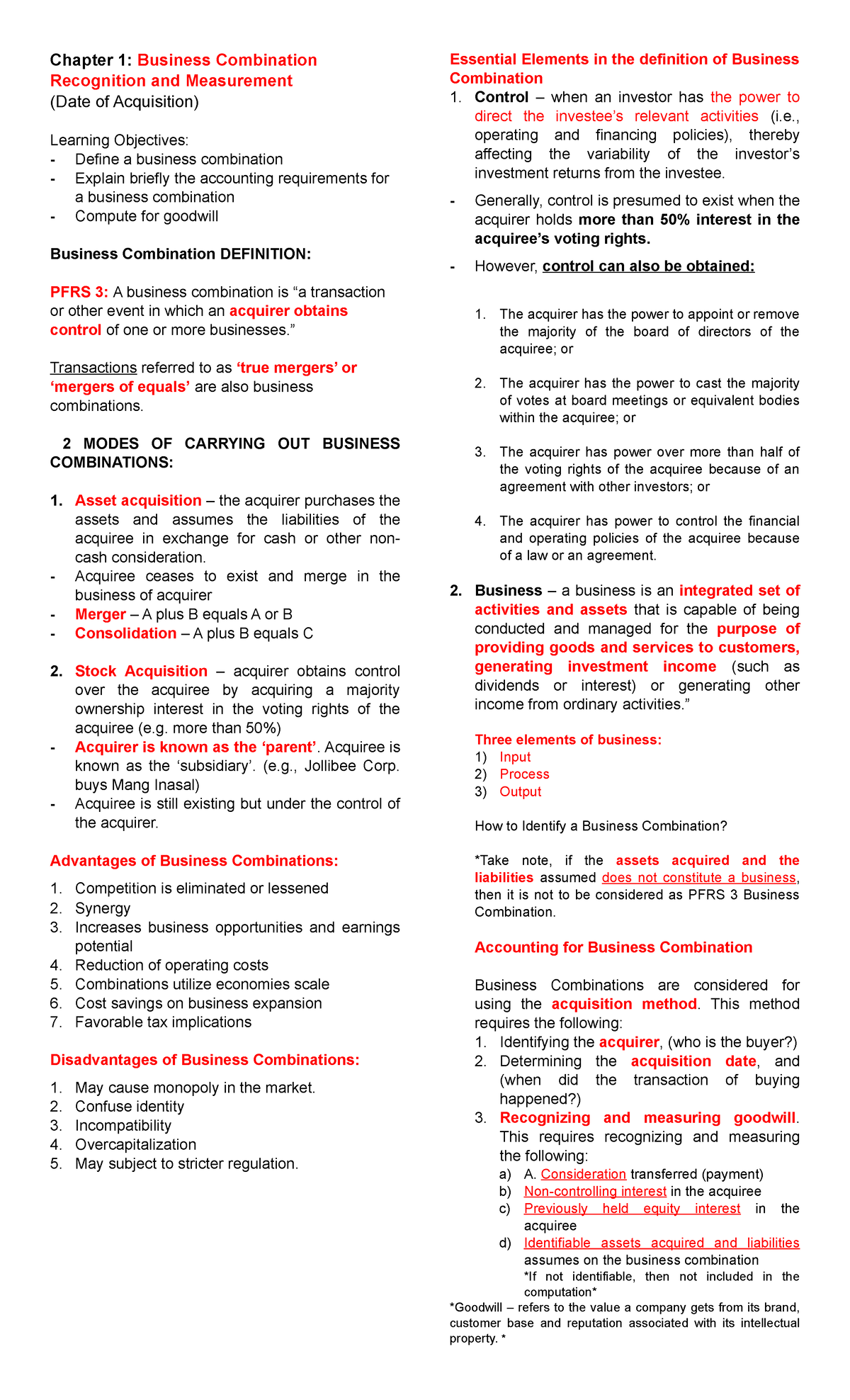 Business Combination notes - Chapter 1: Business Combination ...