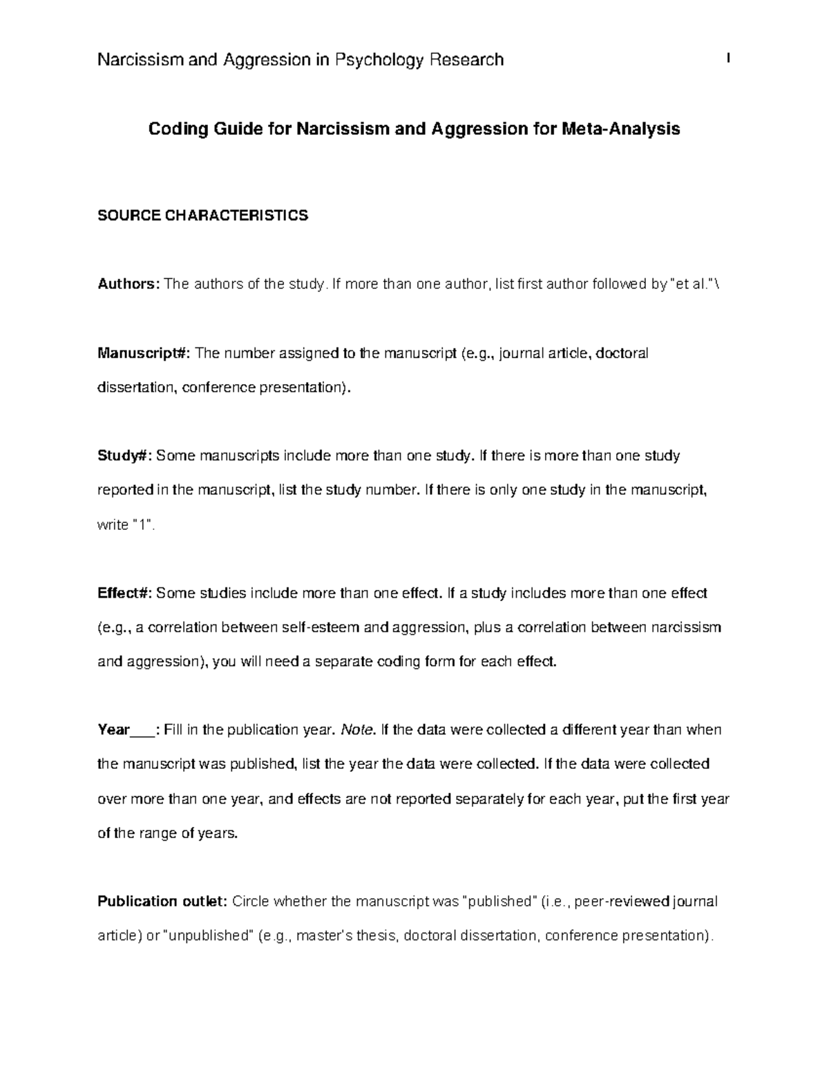 Coding Guide For Narcissism And Aggression For Meta Analysis If More Than One Author List