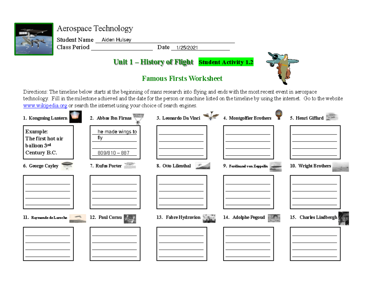 12 Famous Firsts Worksheet - Aerospace Technology Student Name - Studocu