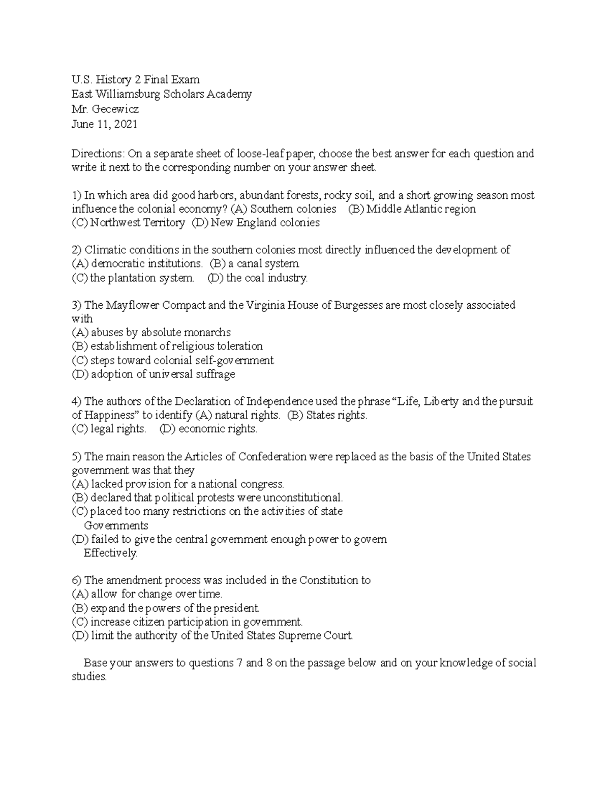 - U.S. History 2 Final Exam - U. History 2 Final Exam East Williamsburg ...