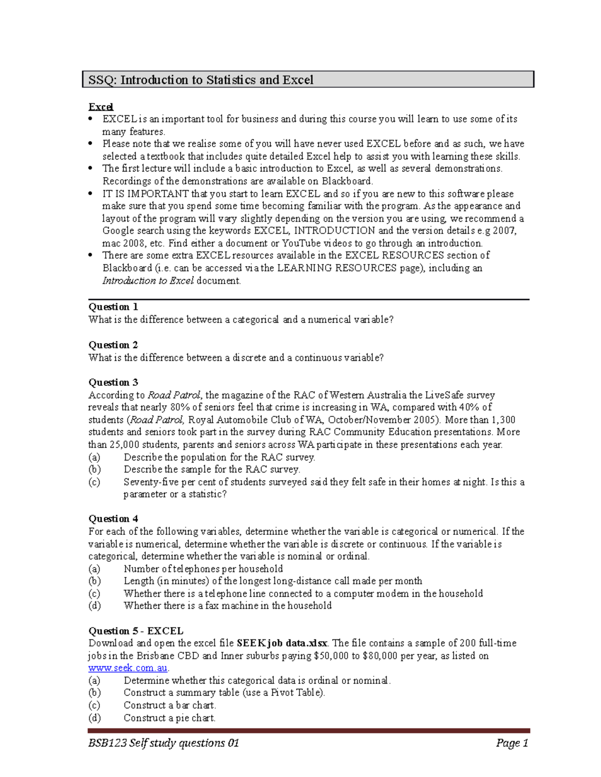 Data Analysis - Tutorial work - SSQ 1 - SSQ: Introduction to Statistics ...