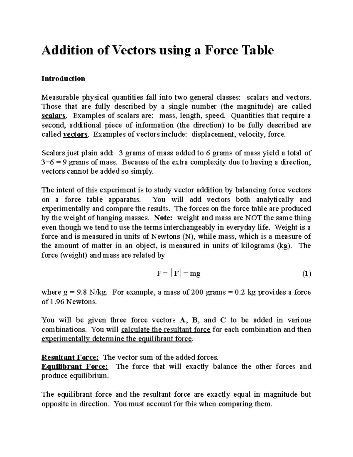 【Lab Manual】2. Addition of Vectors using a Force Tablesd - Addition of Vectors using a Force ...