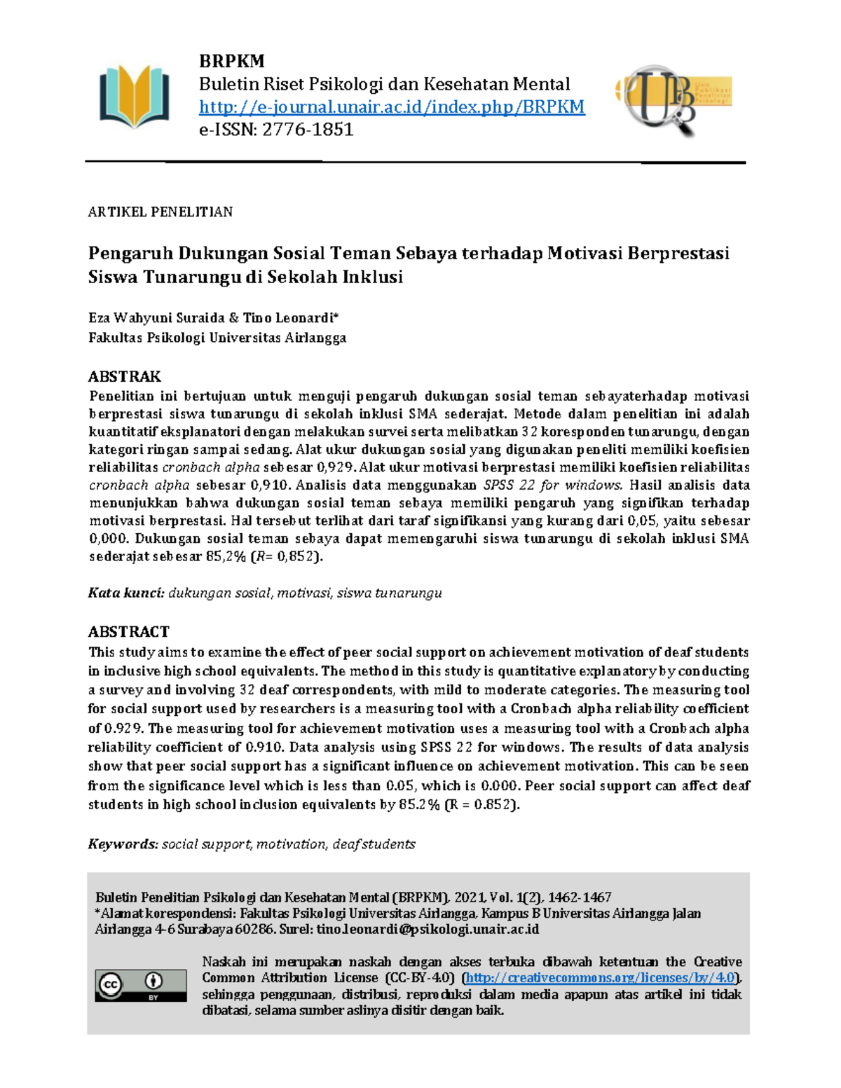 Pengaruh Dukungan Sosial Teman Sebaya terhadap Motivasi Berprestasi Siswa Tunarungu di Sekolah ...