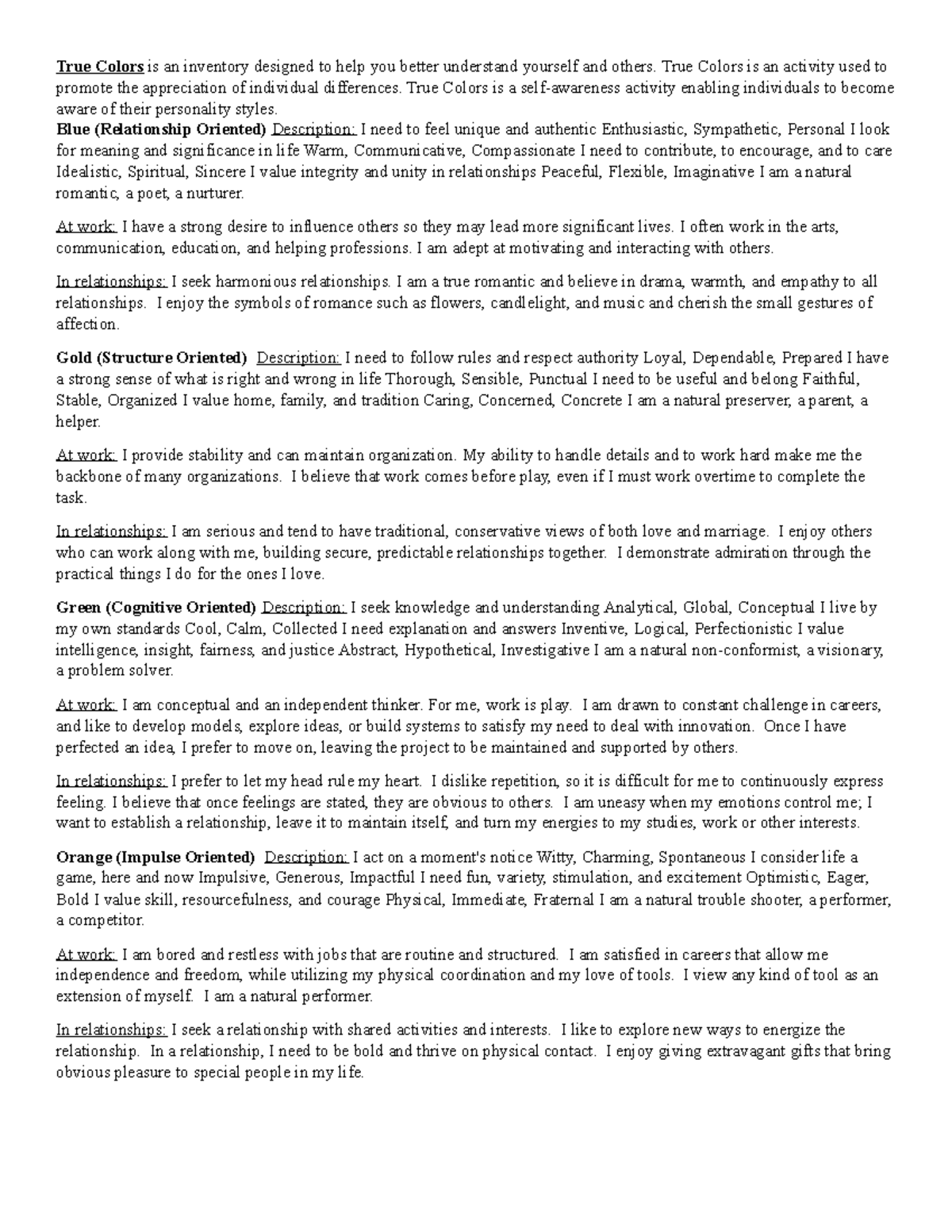 True Color Assessment Descriptions - True Colors is an inventory ...