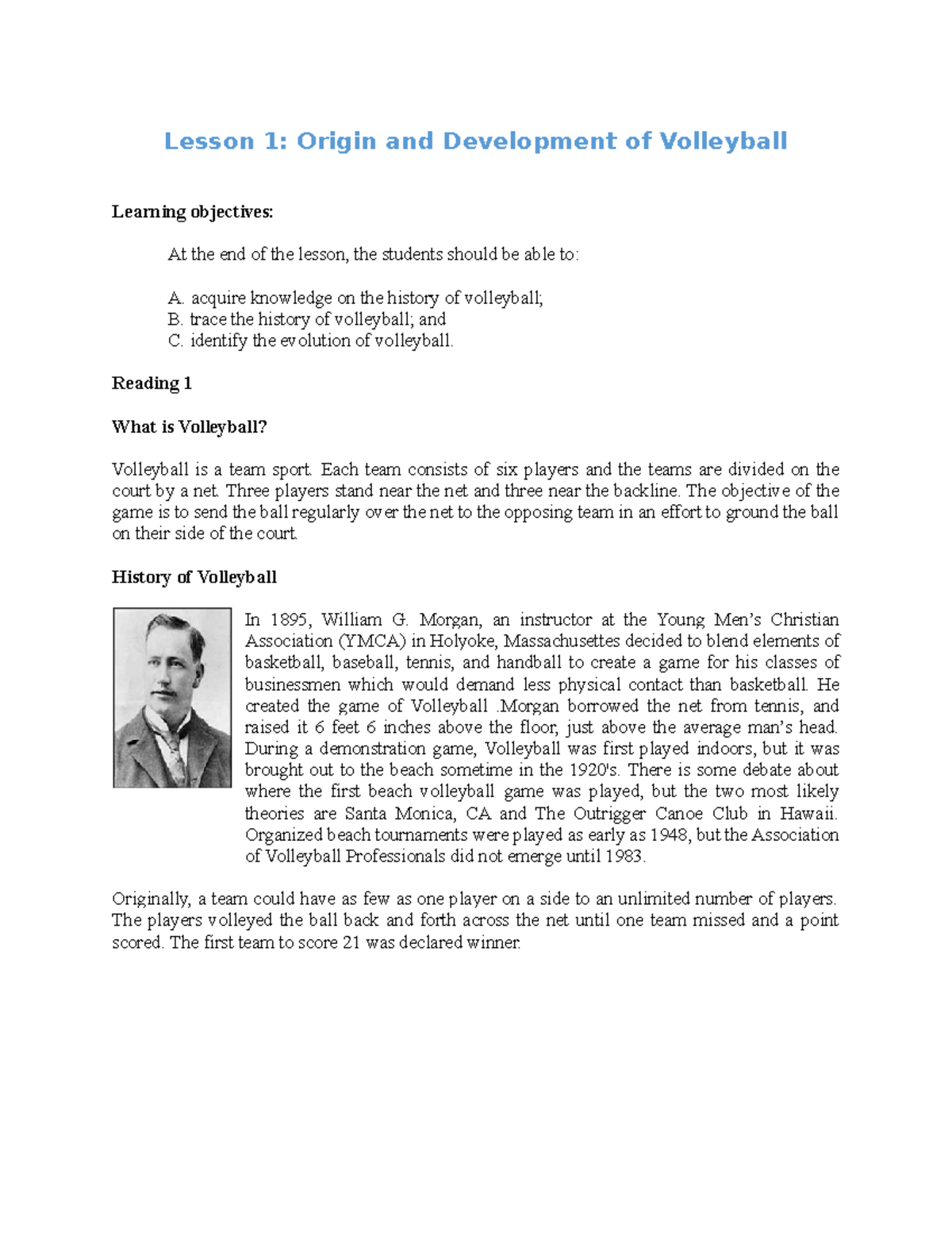 Lesson-1-Volleyball, 2022 2023 - Lesson 1: Origin and Development of ...