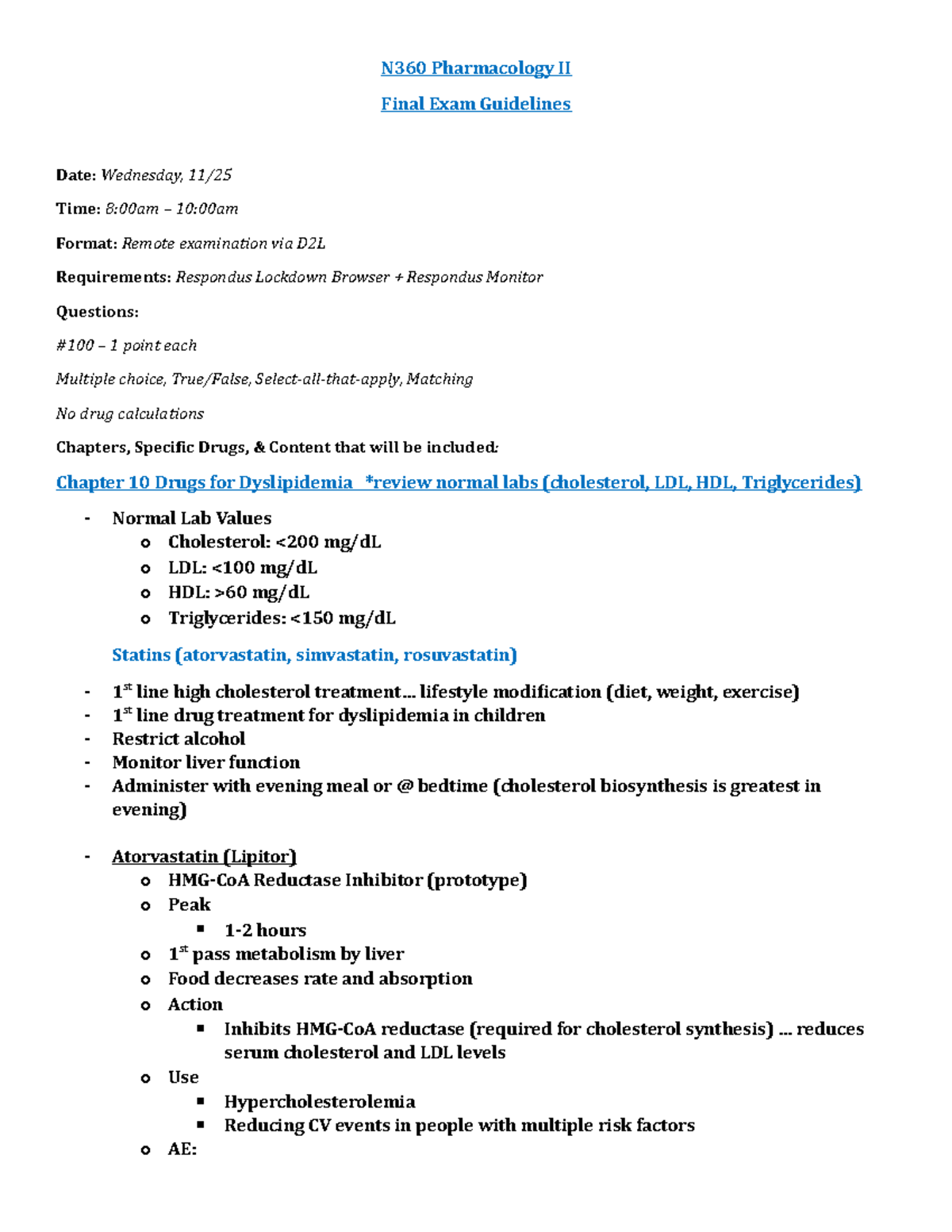 NURS360 (Final Exam Outline) - N360 Pharmacology II Final Exam ...