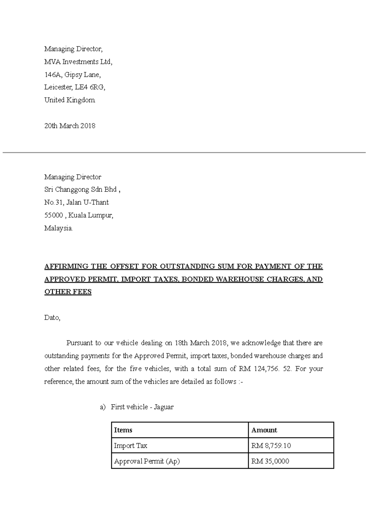 Offset letter - Managing Director, MVA Investments Ltd, 146A, Gipsy ...
