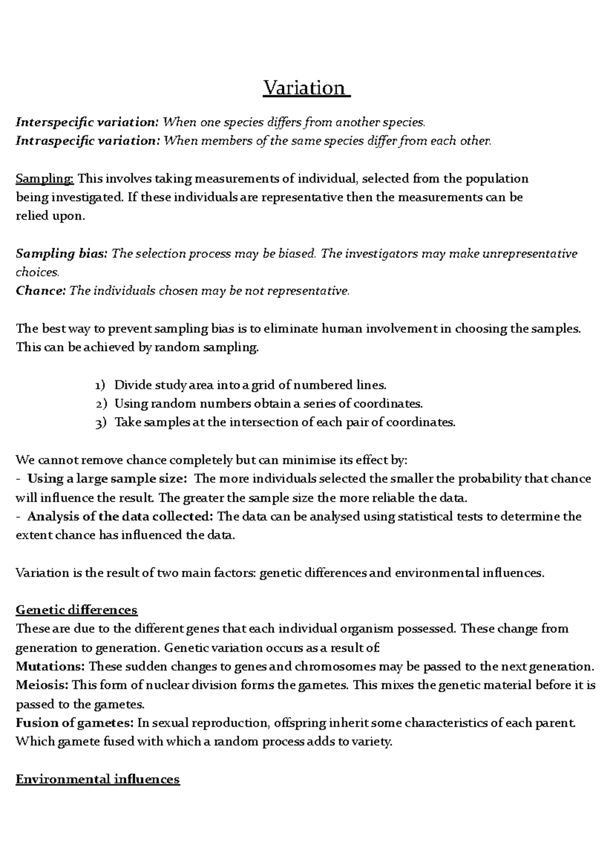Biology Notes - Variation Interspecific variation: When one species ...