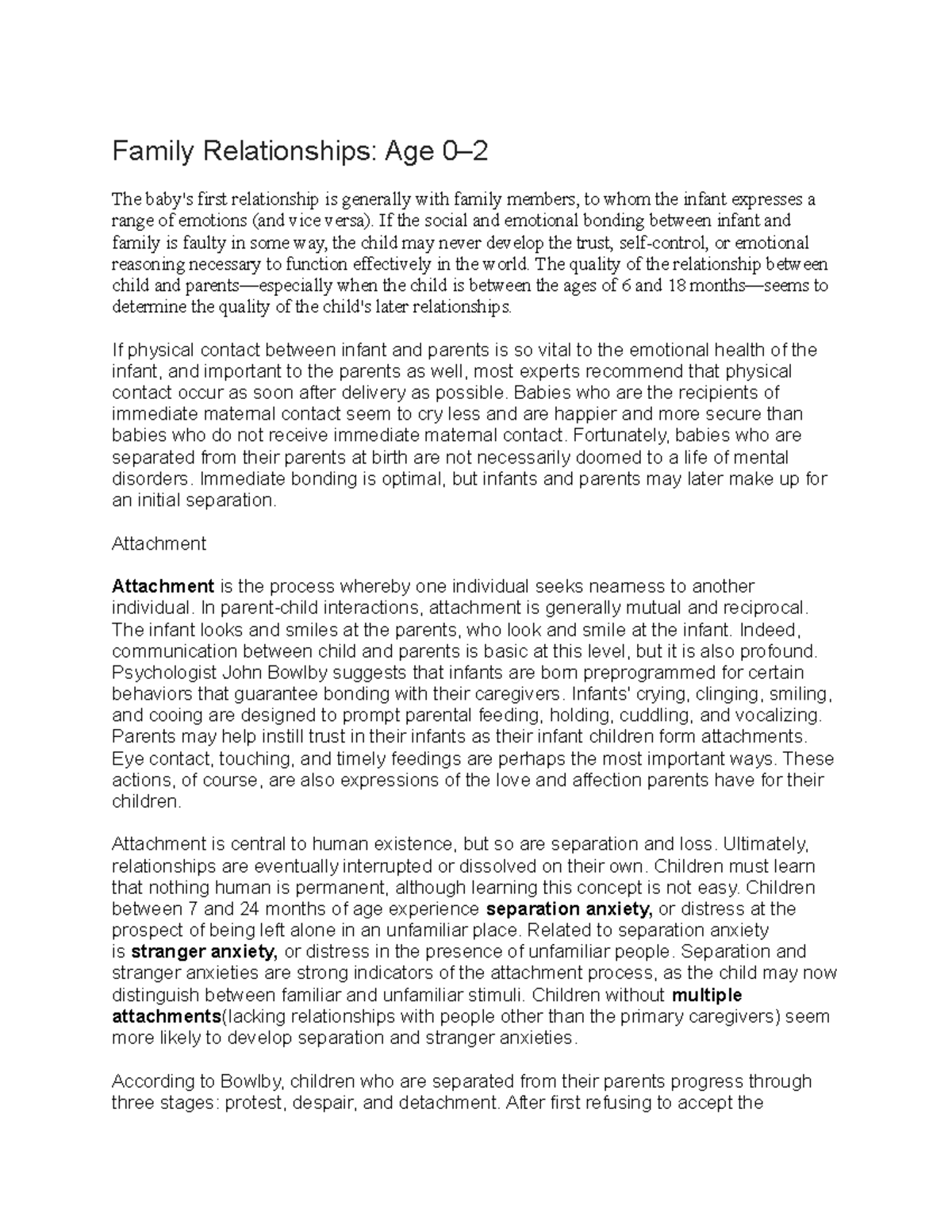 Family Relationships - notes - Family Relationships: Age 0– The baby's ...