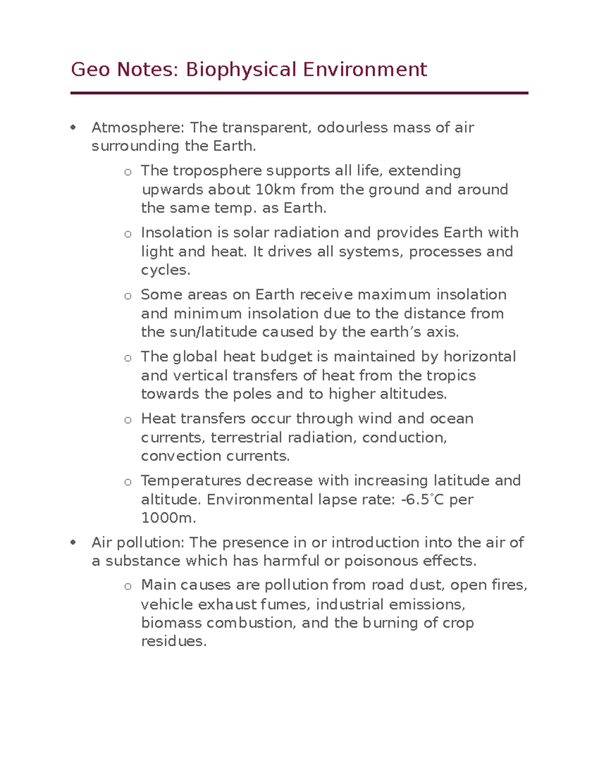 Notes on Biophysical Environment - Geo Notes: Biophysical Environment ...