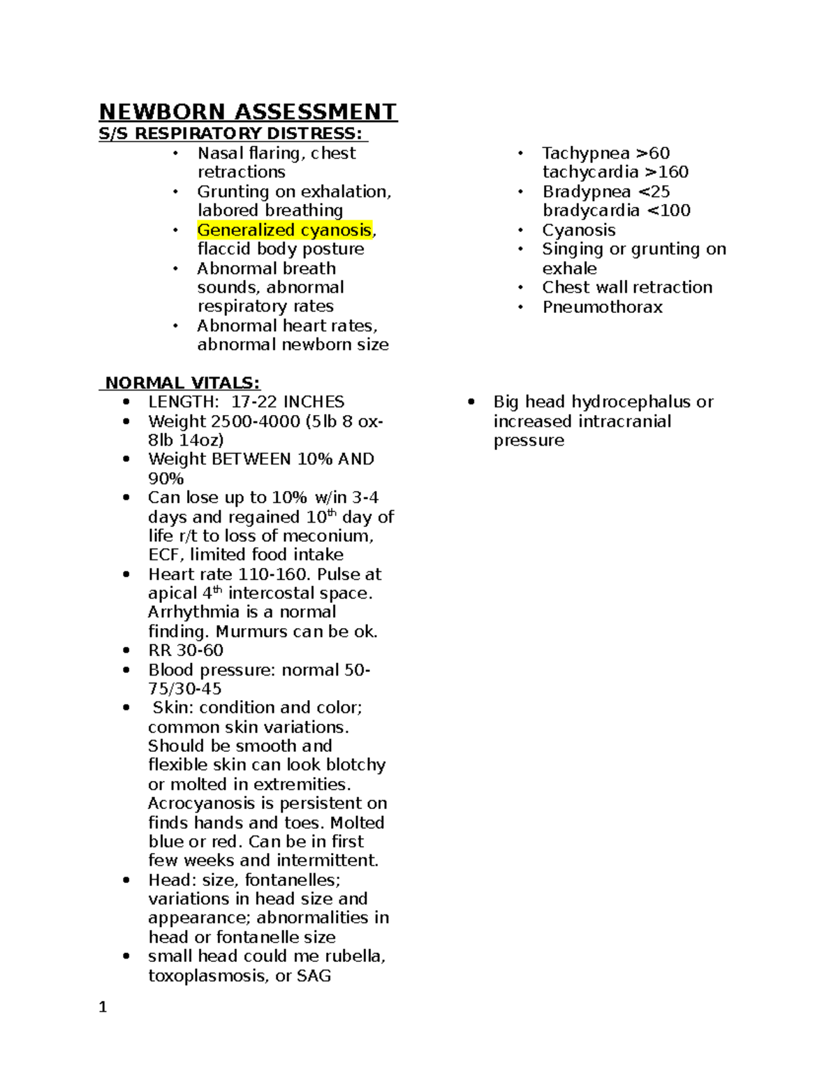 OB postpartum study guide - NEWBORN ASSESSMENT S/S RESPIRATORY DISTRESS ...