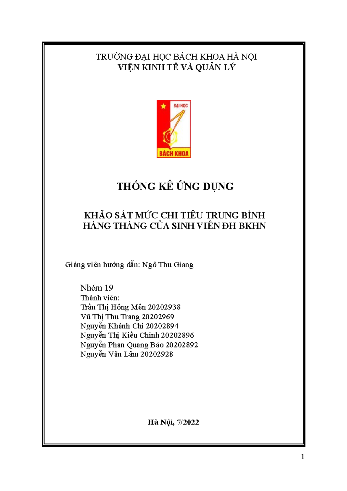 BTL-TKUD-1 - Bài tập lớn môn Thống kê ứng dụng - KHẢO SÁT MỨC CHI TIÊU TRUNG BÌNH HÀNG THÁNG CỦA ...