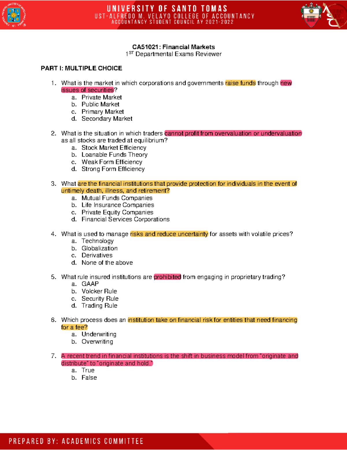 1ST Deptals Reviewer Finmar - CA5102 1 : Financial Markets 1 ST ...