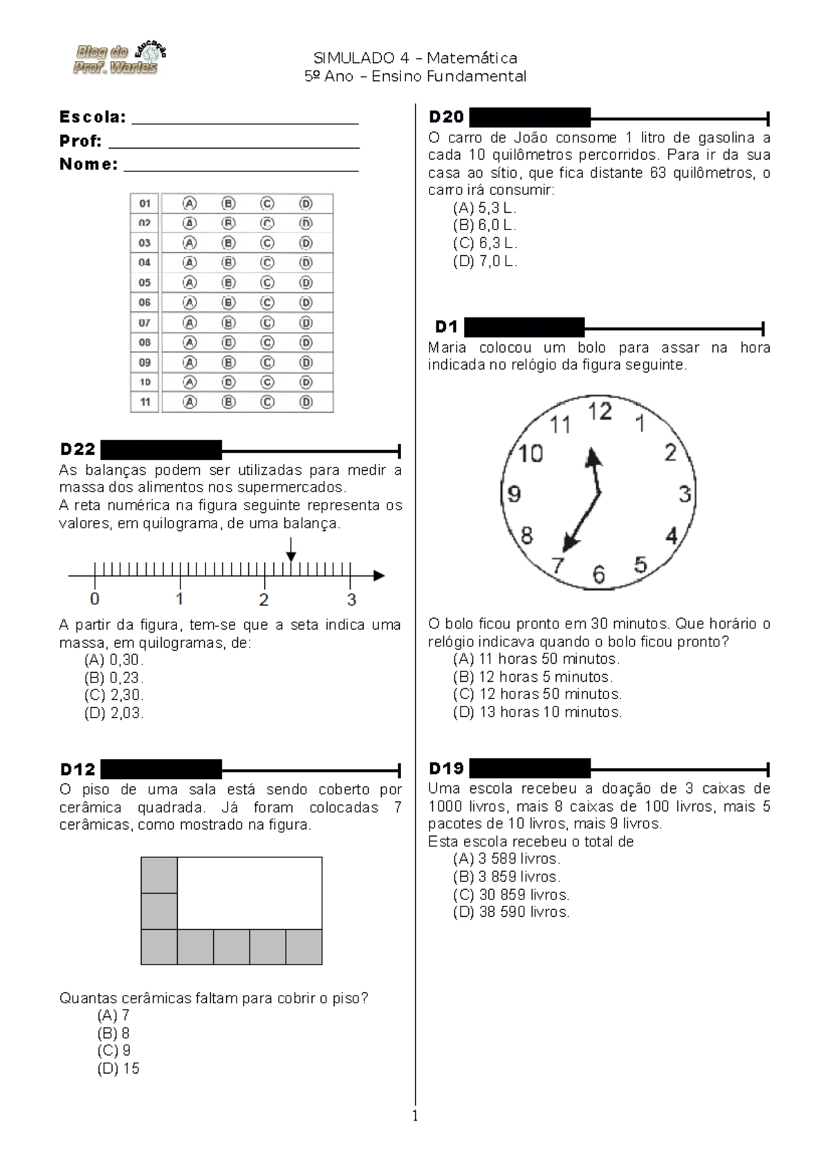 4 Simulado DE Matematica - 5 ANO - SIMULADO 4 – Matemática 5º Ano – Ensino Fundamental Escola ...