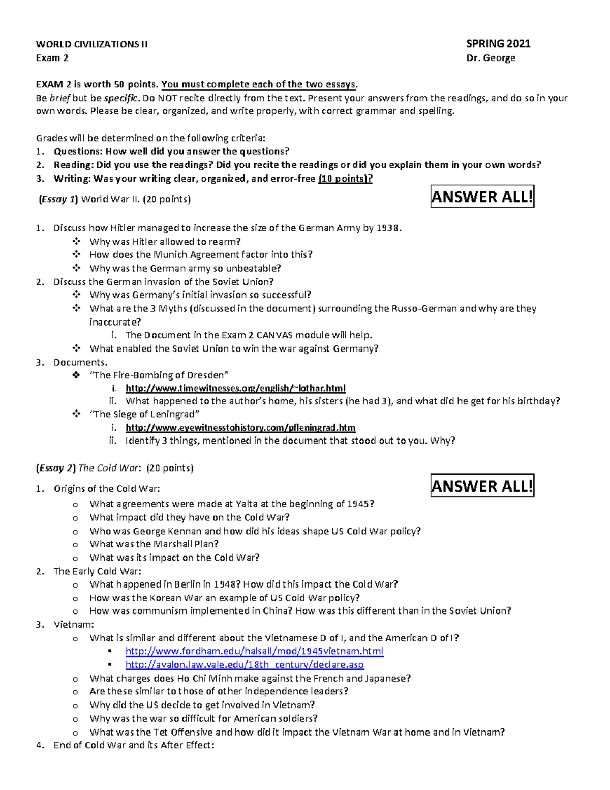 HIST106 Final essay - WORLD CIVILIZATIONS II SPRING 2021 Exam 2 Dr ...