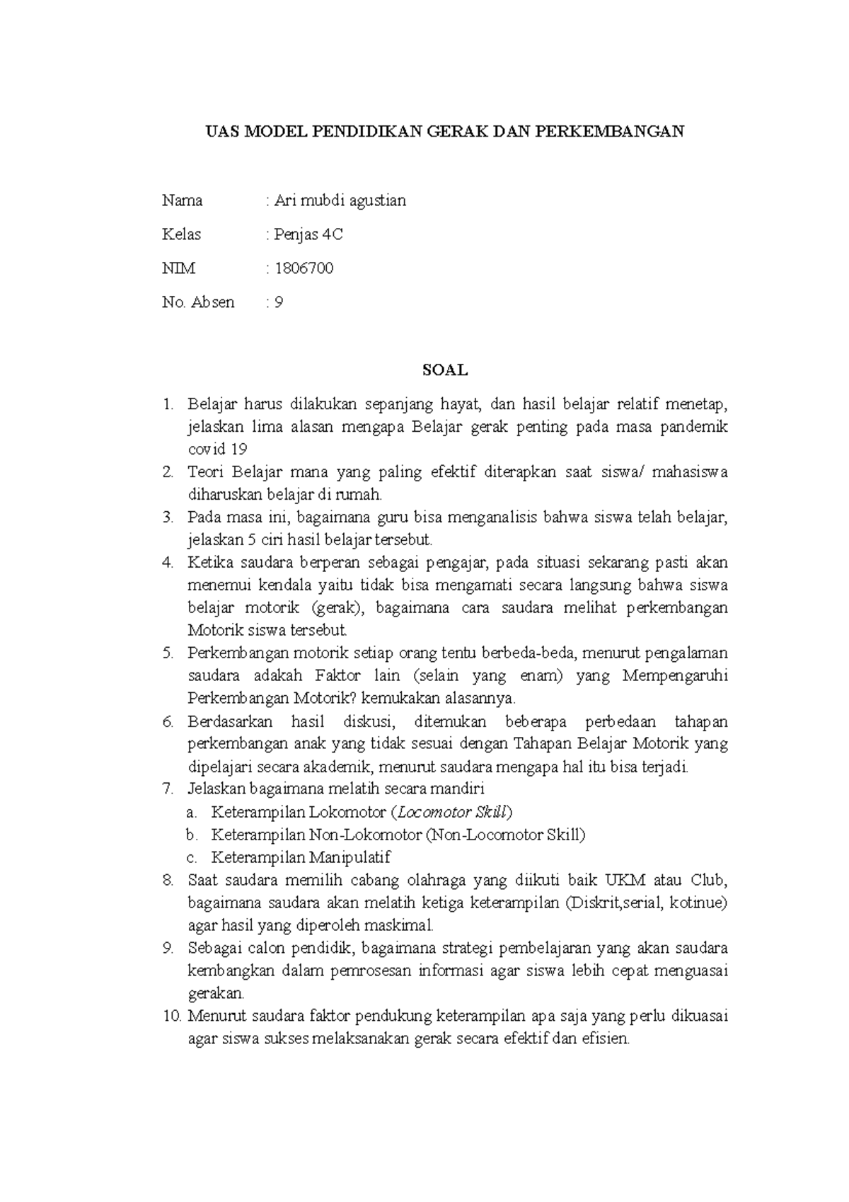 9 ARI Mubdi Agustian 1806700 Model Pendidikan Gerak Dan Perkembangan ...