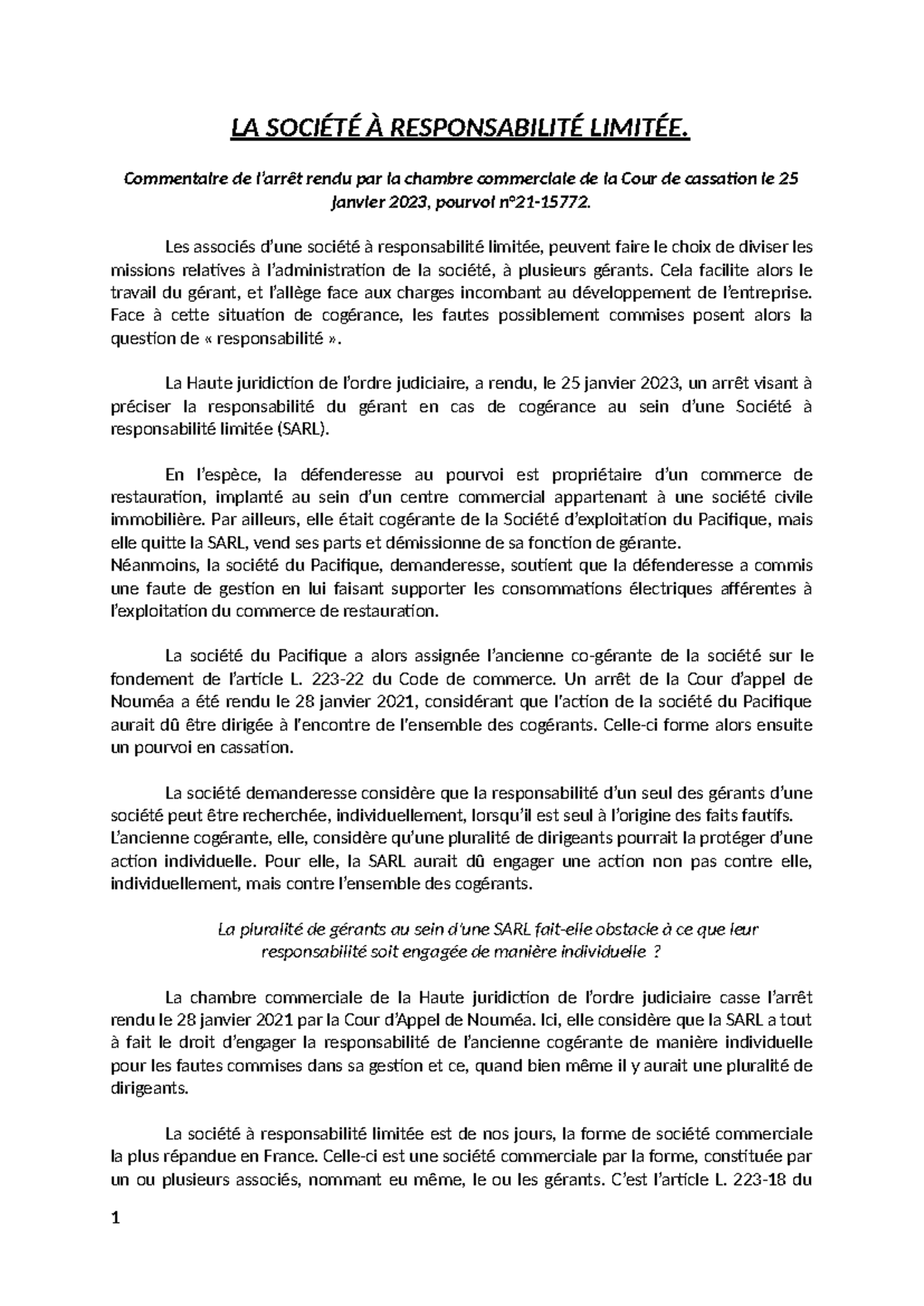 Fiche d'arrêt SARL - LA SOCIÉTÉ À RESPONSABILITÉ LIMITÉE. Commentaire ...