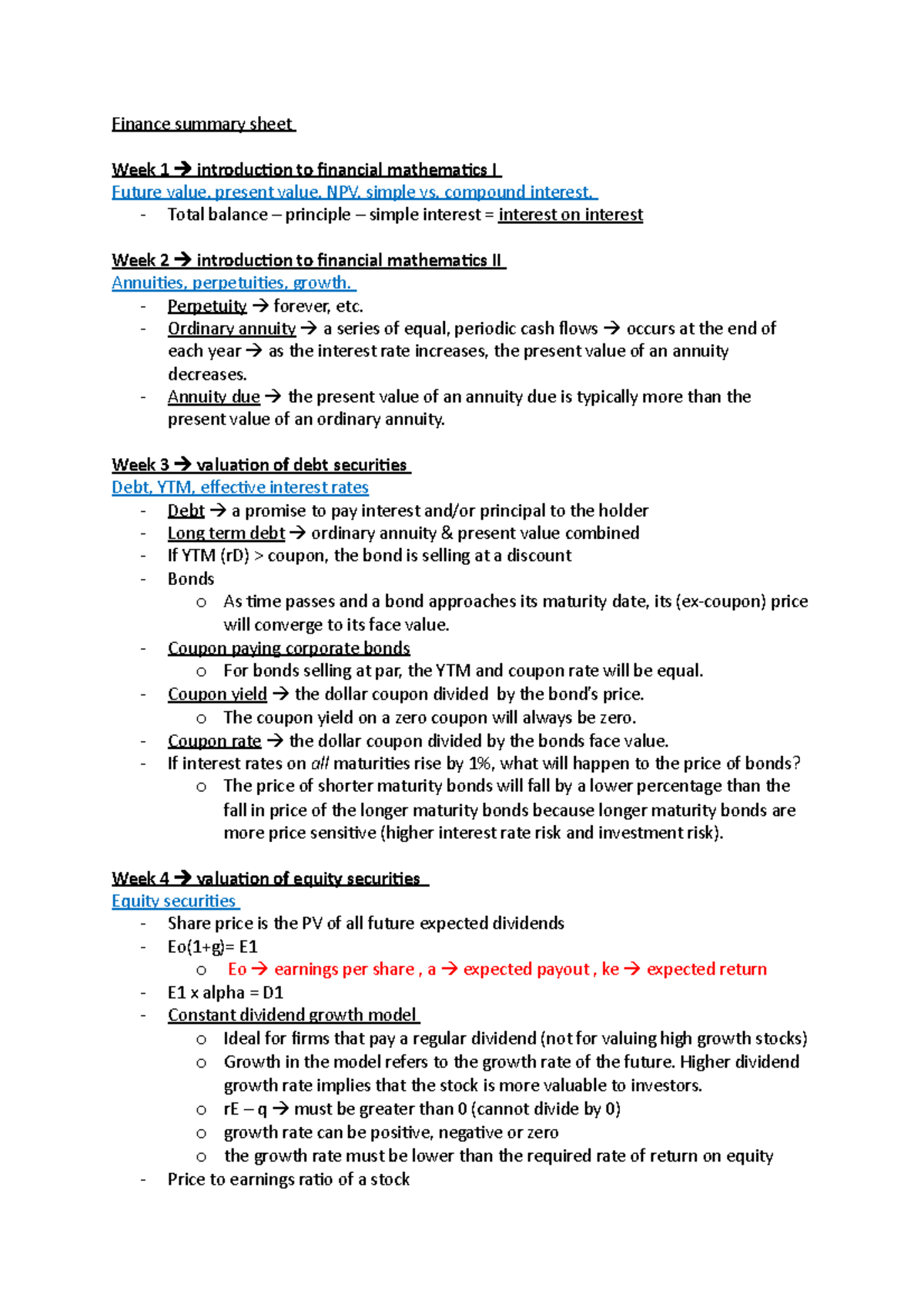 Finance summary sheet - Finance summary sheet Week 1 introduction to ...