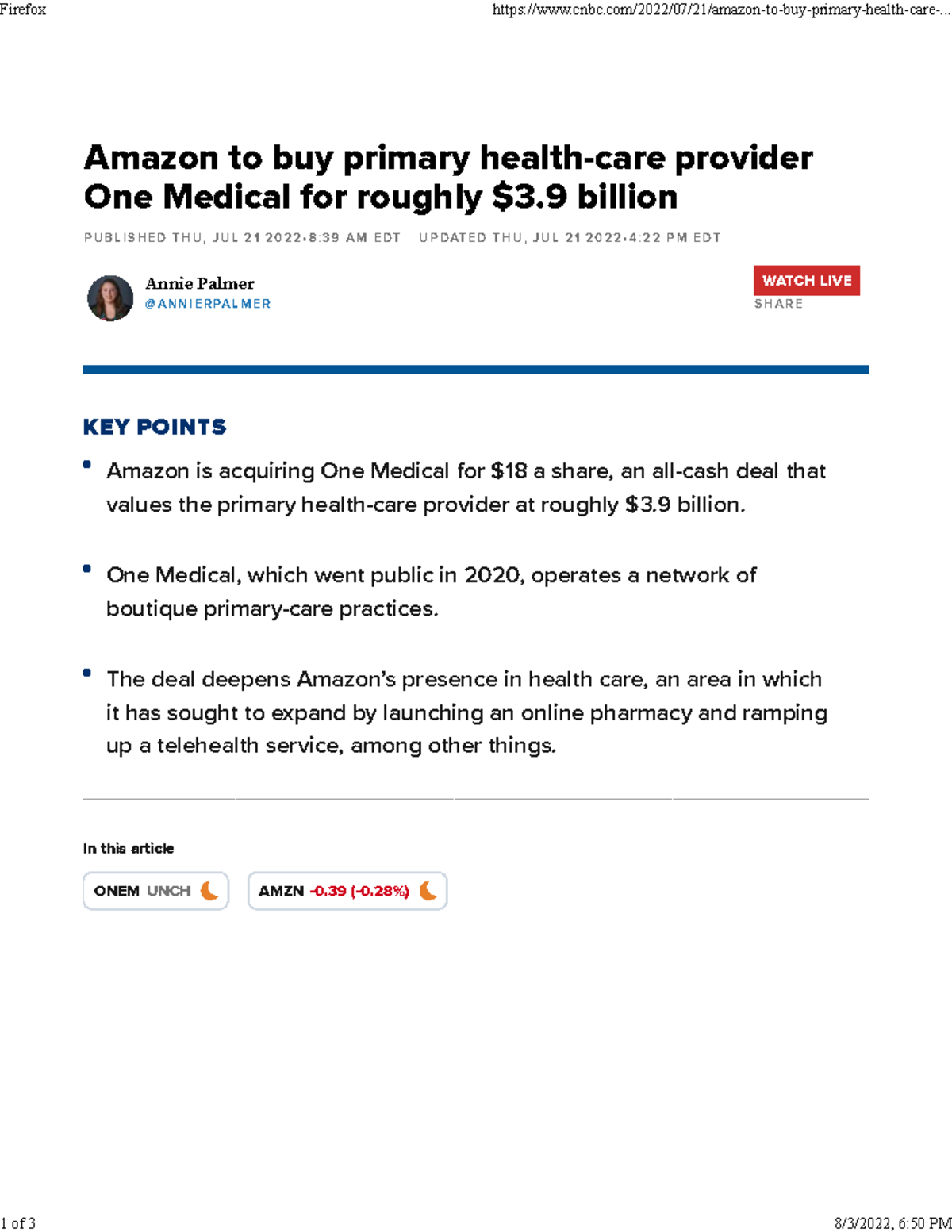 Amazon to buy primary health-care provider One Medical for roughly $3.9 ...