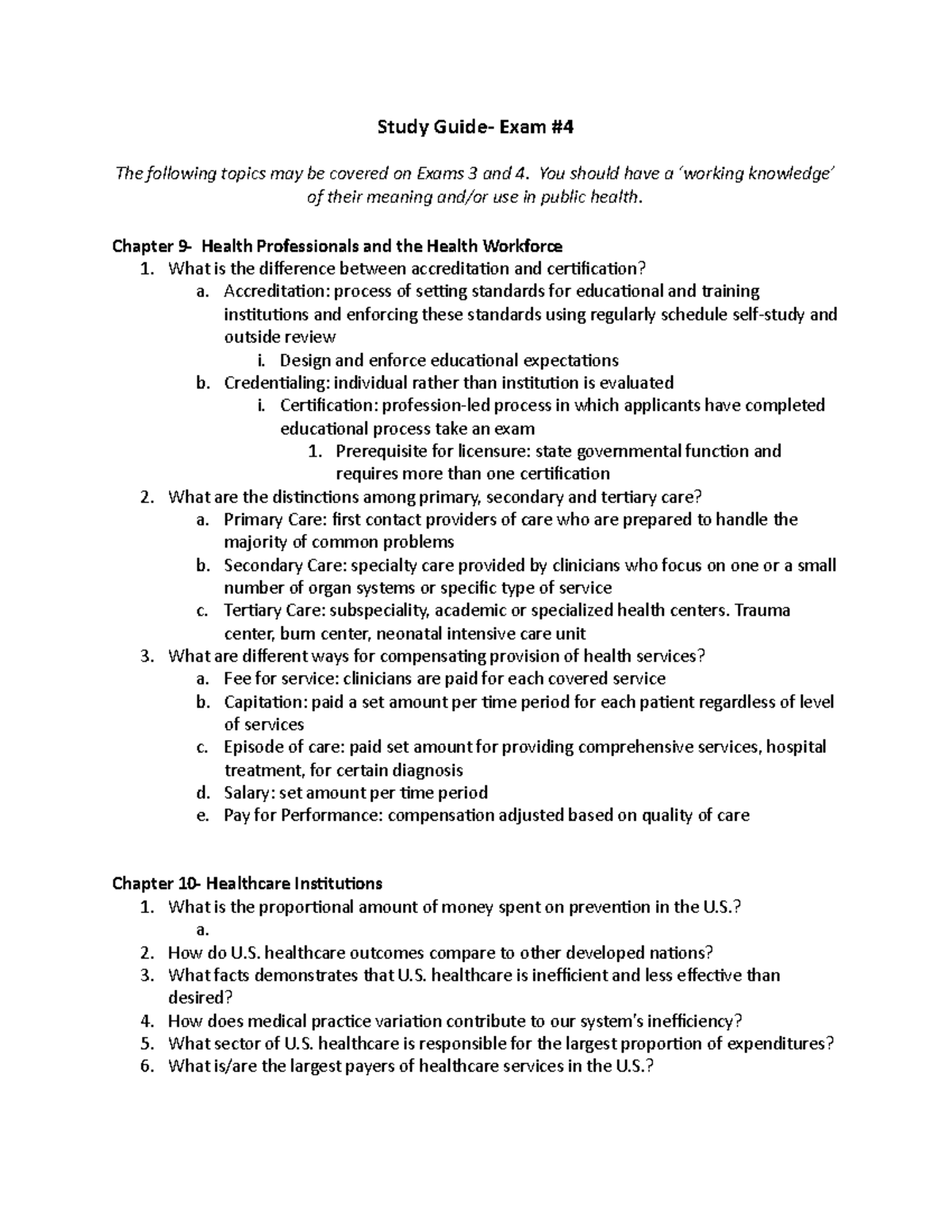 Study Guide- exam #4 - Study Guide- Exam The following topics may be ...