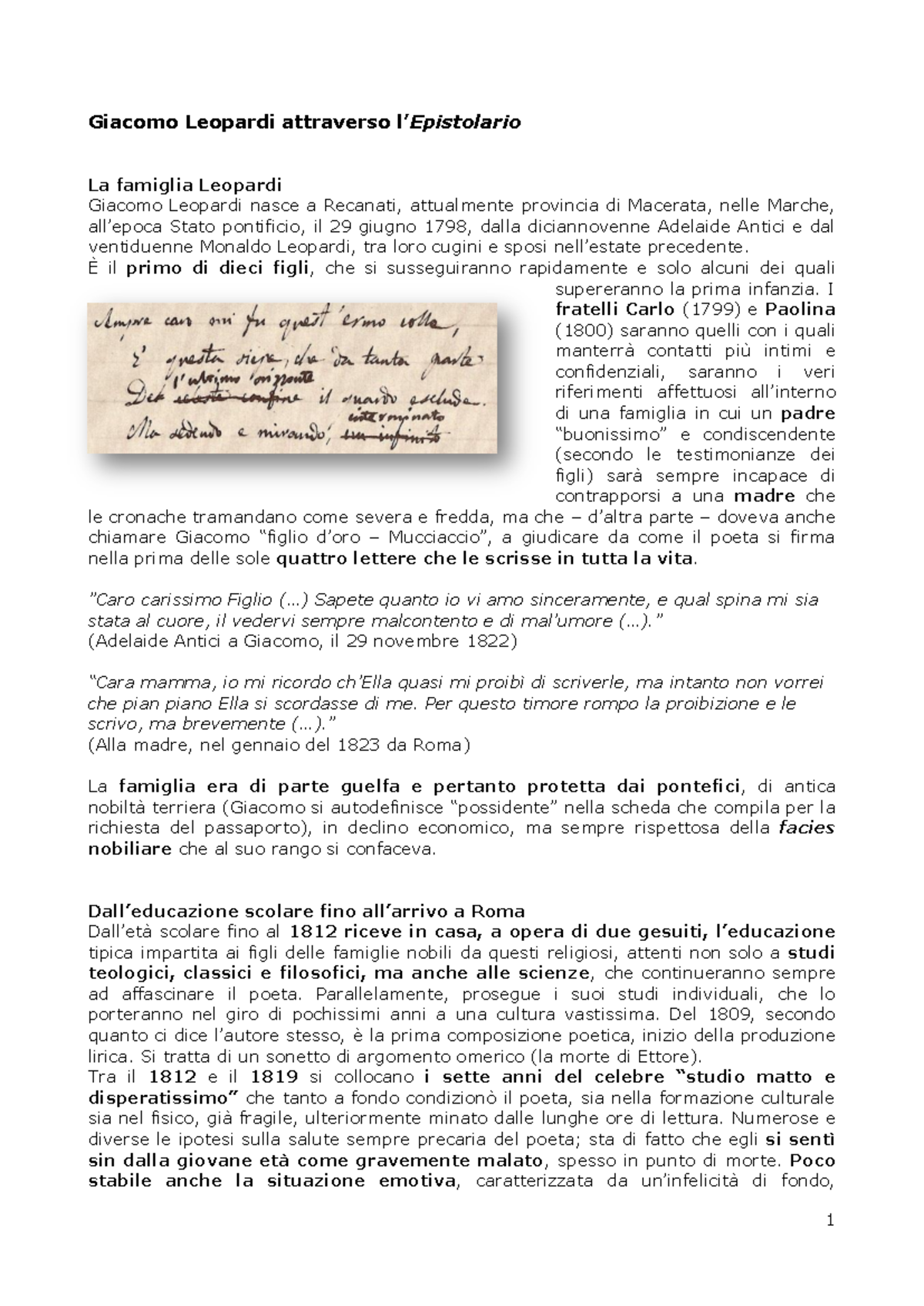 678 Leopardi 1 lezione - RIASSUNTO - 1 Giacomo Leopardi attraverso l ...