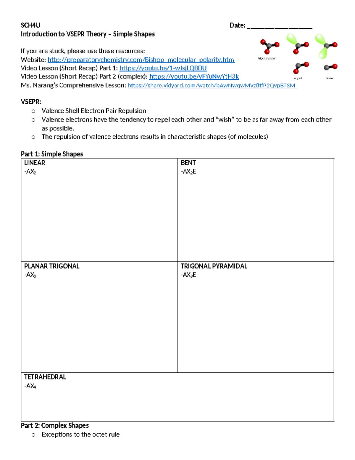Notesheet - Vsepr Day 1 - SCH4U Date: ___________________ Introduction ...