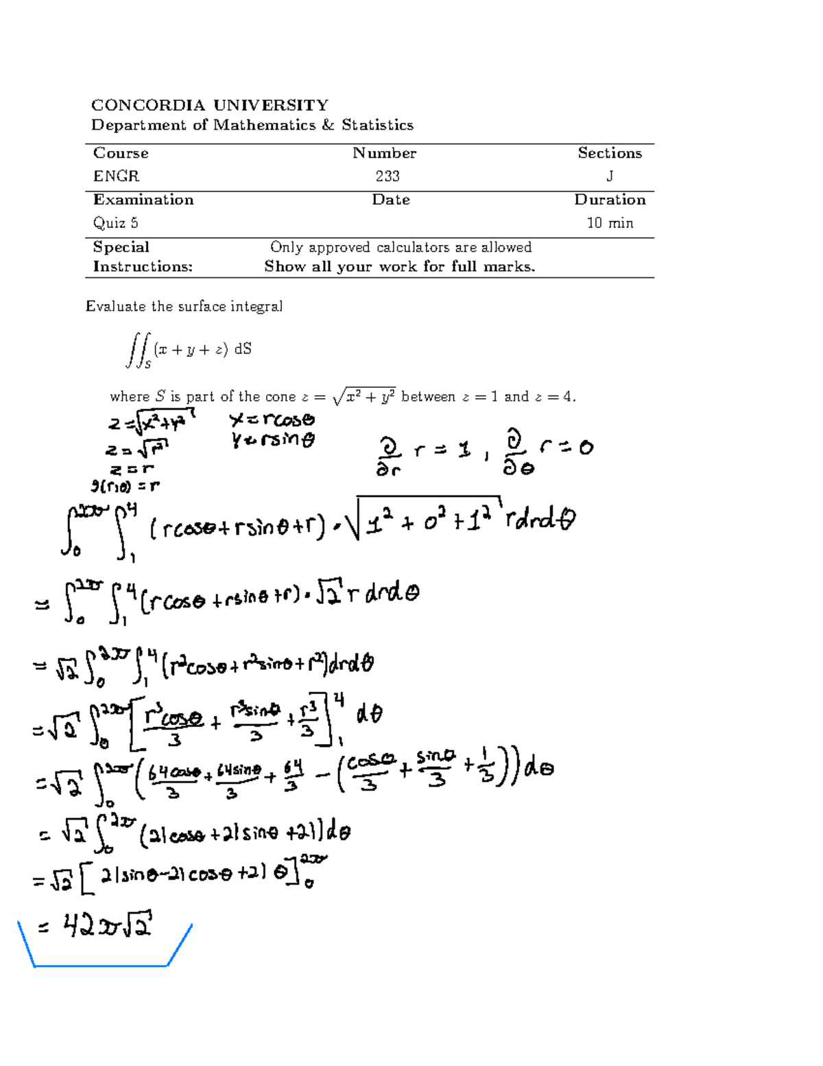 Quiz 5 ENGR 233 - Quiz 5 - CONCORDIA UNIVERSITY Department of Mathematics & Statistics Course ...