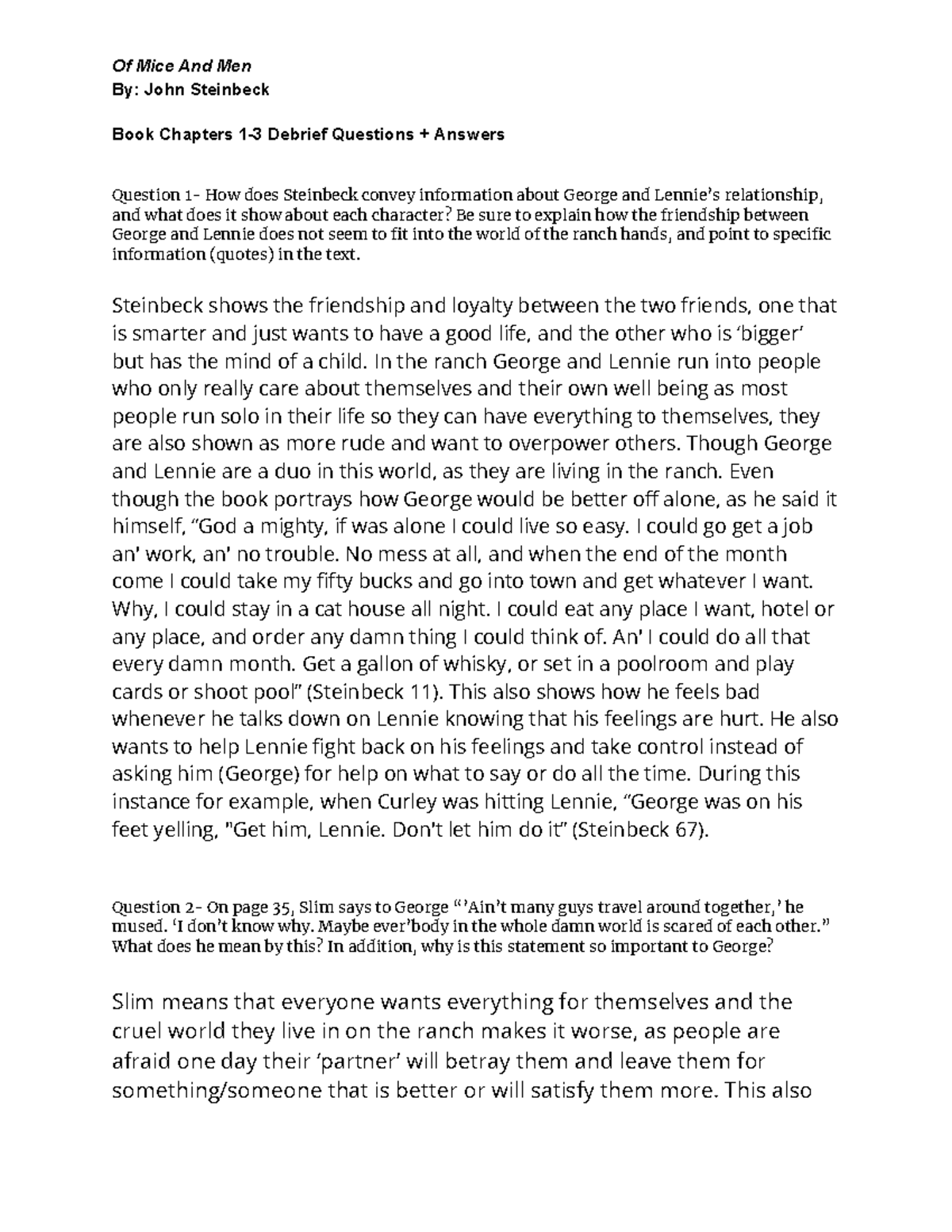 1-3 OMAM Socratic Seminar 4 Questions- 1 18 - Of Mice And Men By: John ...