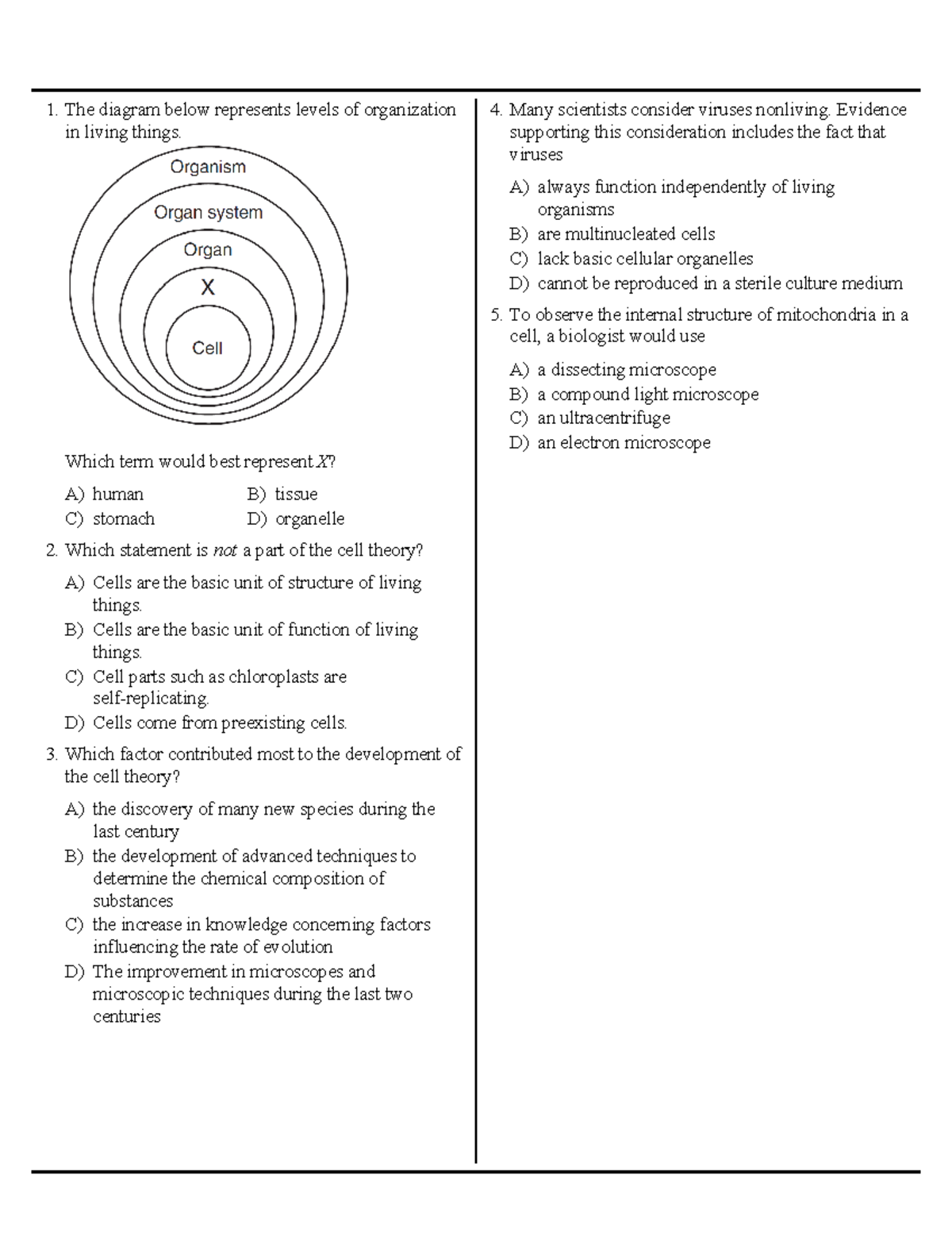 Cells Practice Questions 1641399590157 sc - A) human B) tissue C ...