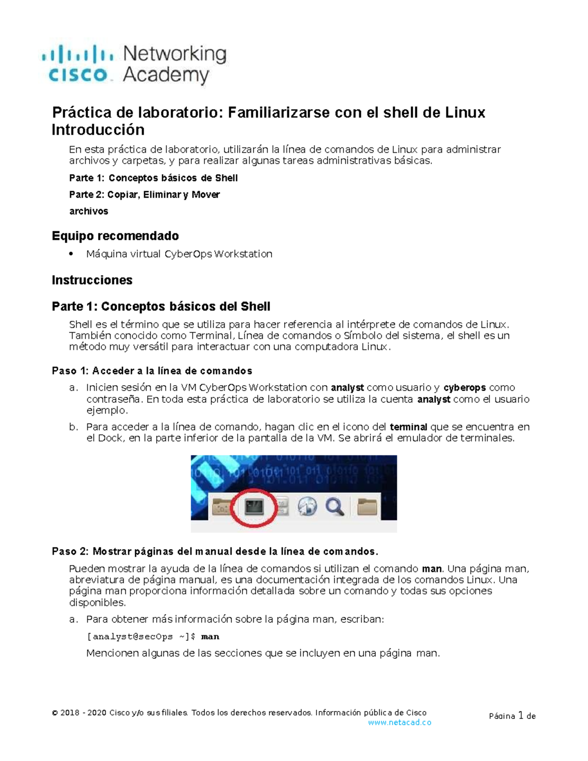 Tarea 09-02 Familiarizarse con el shell de Linux - 2018 - 2020 Cisco y/o sus filiales. Todos los ...