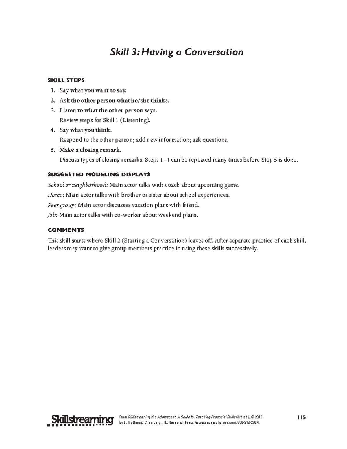 Havig a Conversation p-115 - From Skillstreaming the Adolescent: A Guide for Teaching Prosocial ...
