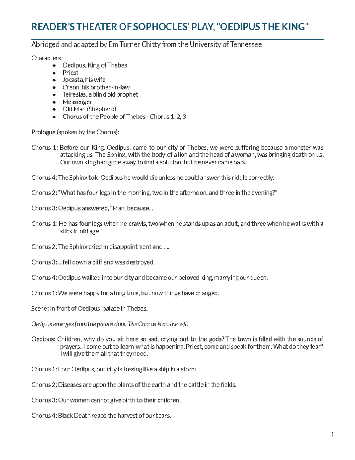 Reader’S Theater OF Sophocles’ PLAY, “ Oedipus THE KING” - Google Docs ...
