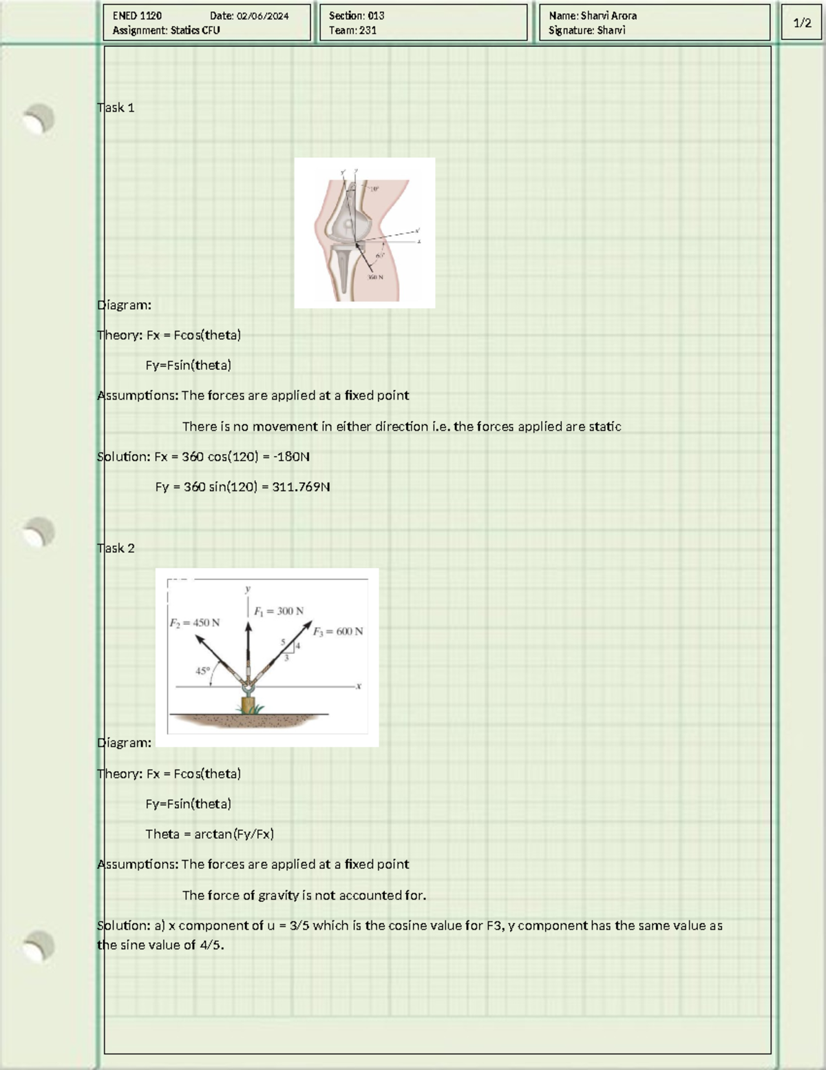 CFU Statics 1 - Task 1 Diagram: Theory: Fx = Fcos(theta) Fy=Fsin(theta ...