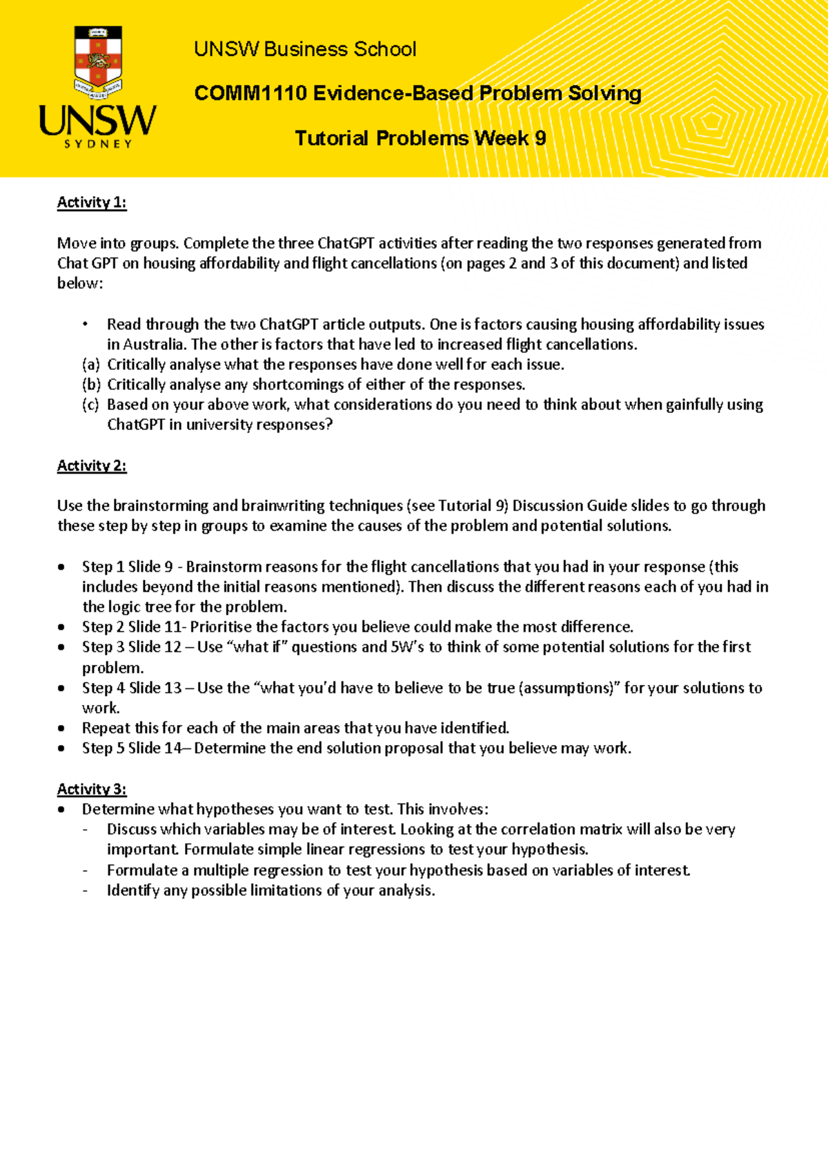 COMM1110 2023 T1 Tutorial Problems - Week 9 - UNSW Business School COMM1110 Evidence-Based ...